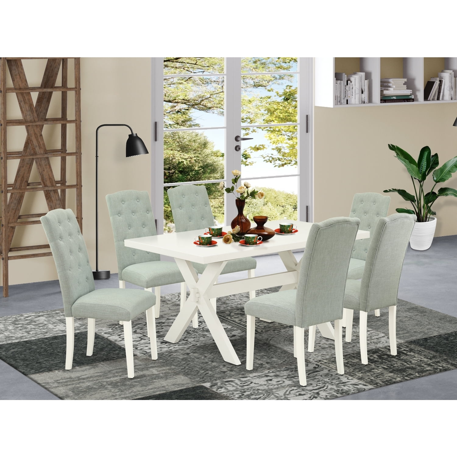 HomeStock Victorian Virtue - 7-Piece Small Dining Table Set - 6 Padded Parson Chairs And A ...
