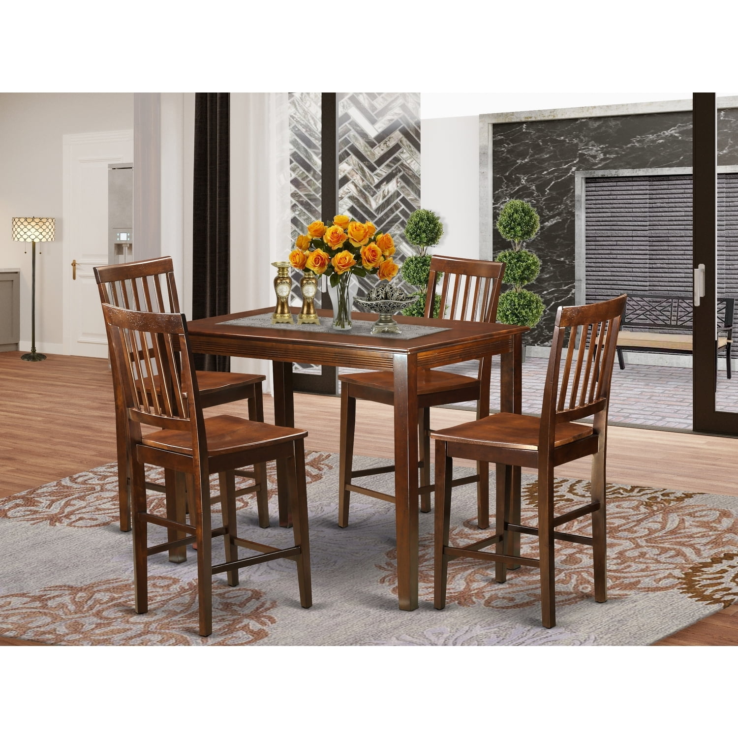 Counter Height Dining Set 5 Piece - Rectangle Table & 4 Chairs - Vintage Style Dinette Set ...
