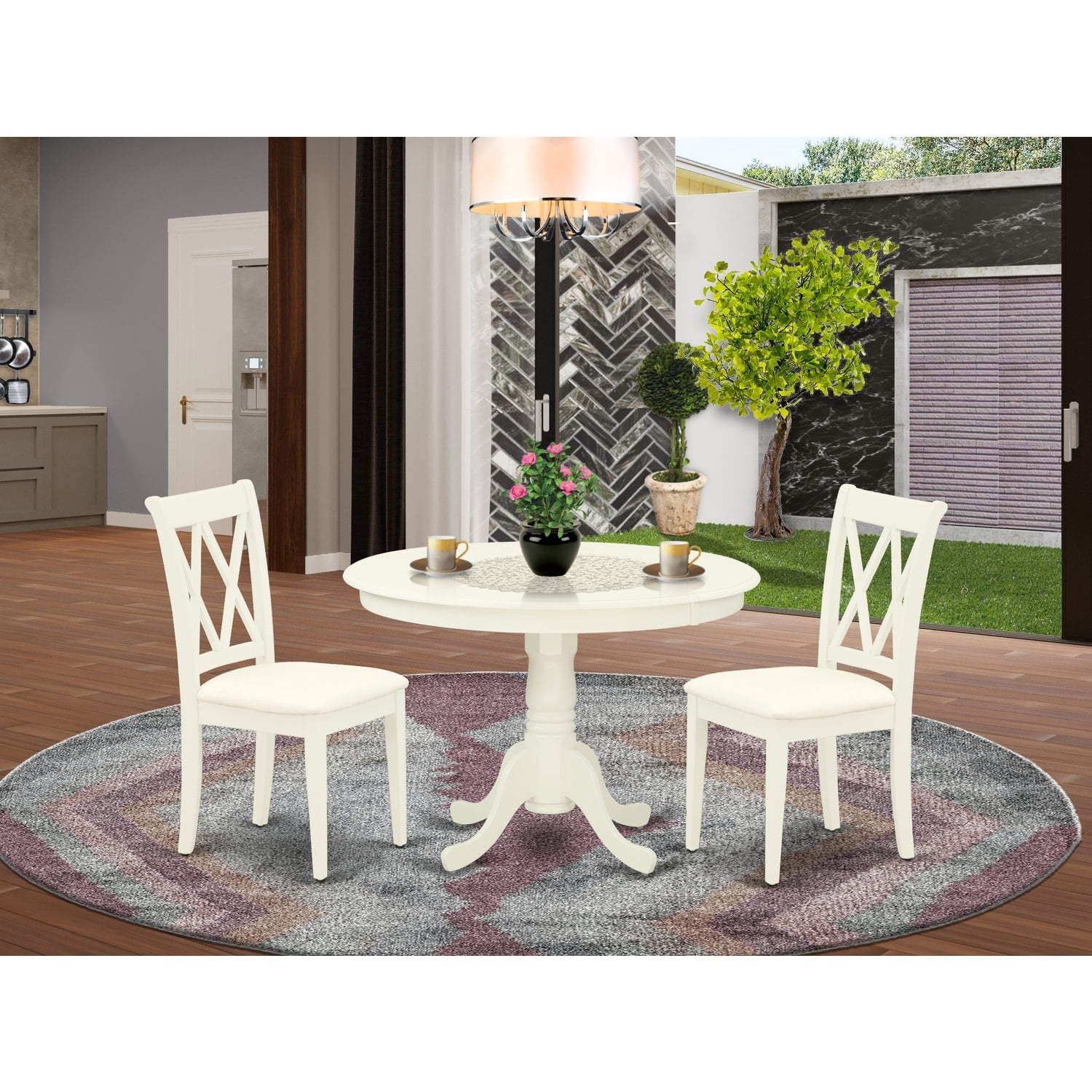 3Pc Dinette Set - Round Kitchen Table & 2 Linen Dining Chairs - Linen ...