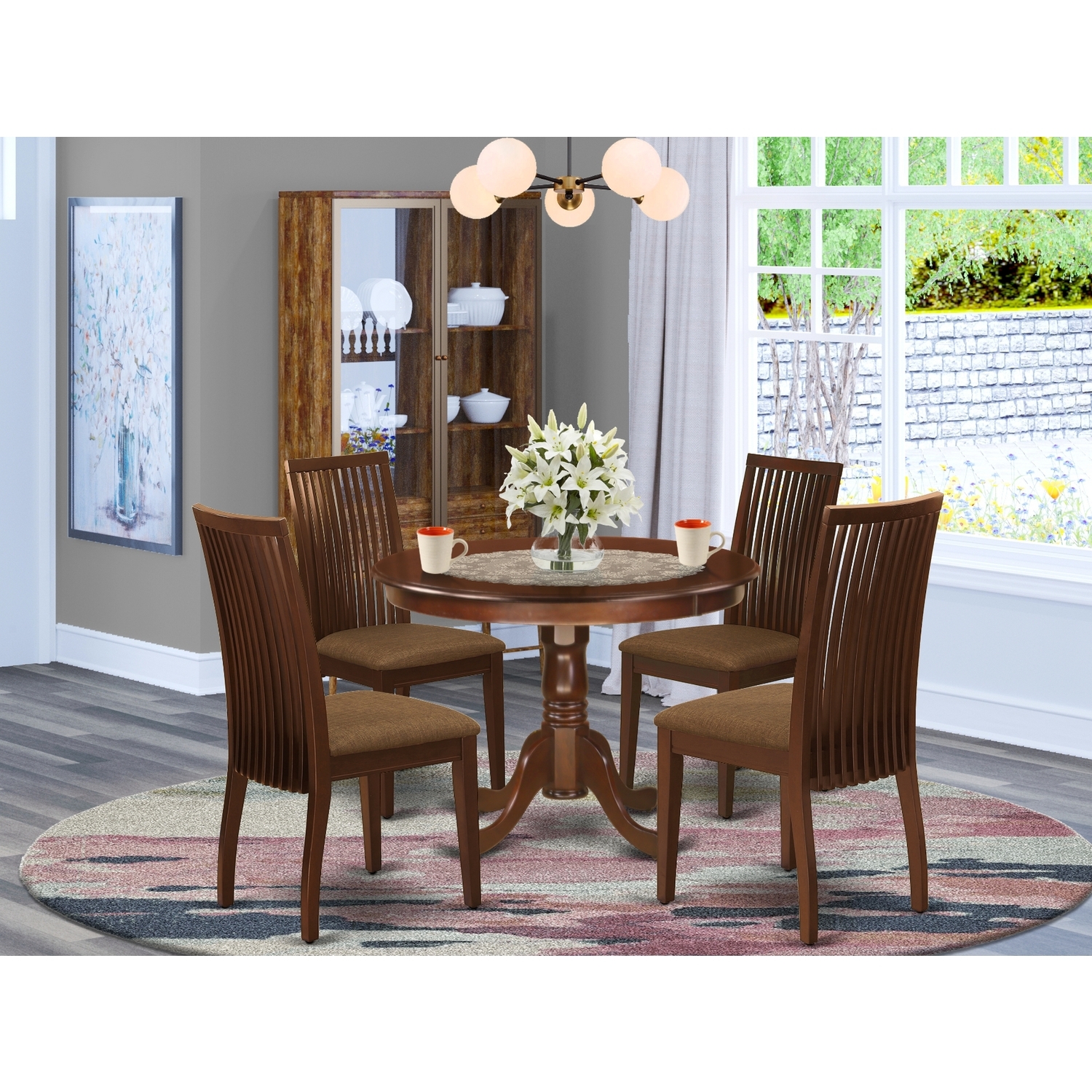 Round Dinette Set 5 Piece - Kitchen Table4 Chairs - Mahogany Finish - Modern Dining Room Set ...