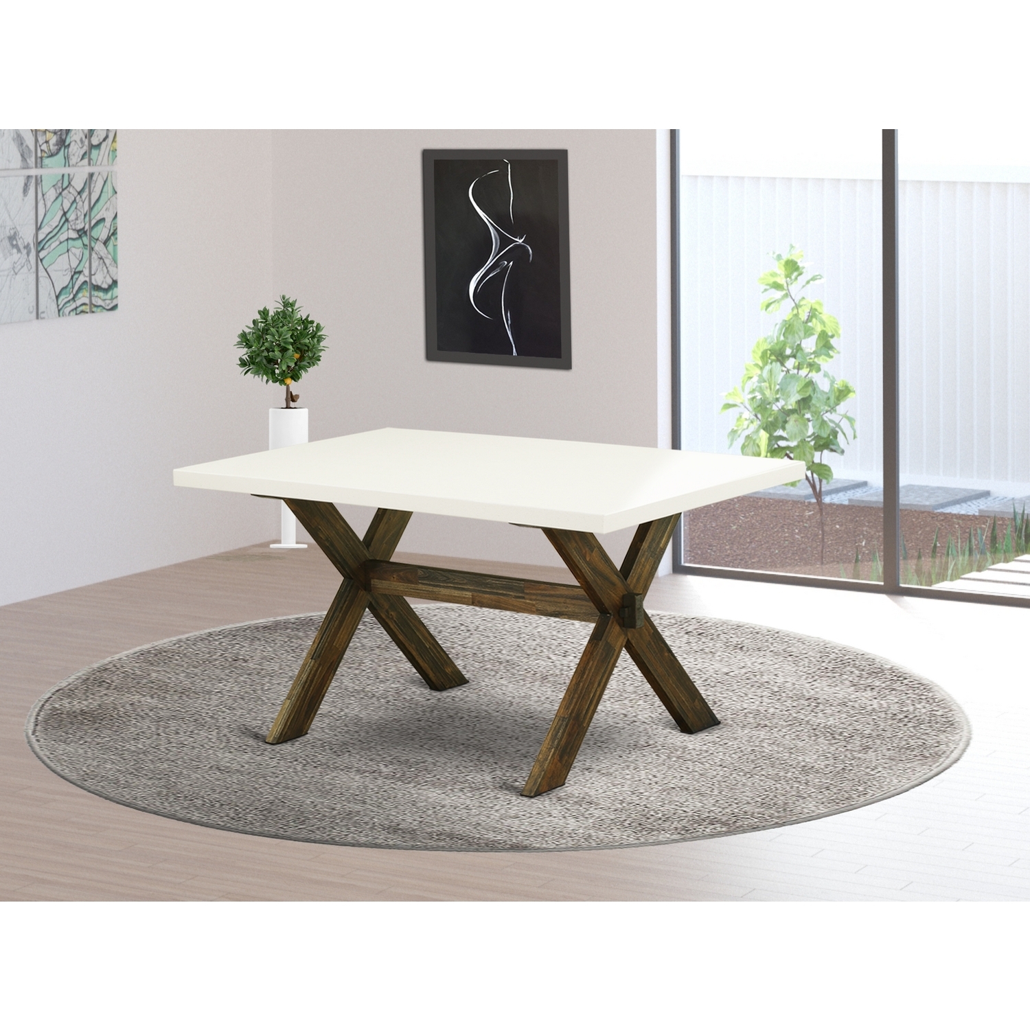 Modern X Leg Dining Table - 36x60 Inch Linen White Tabletop ...