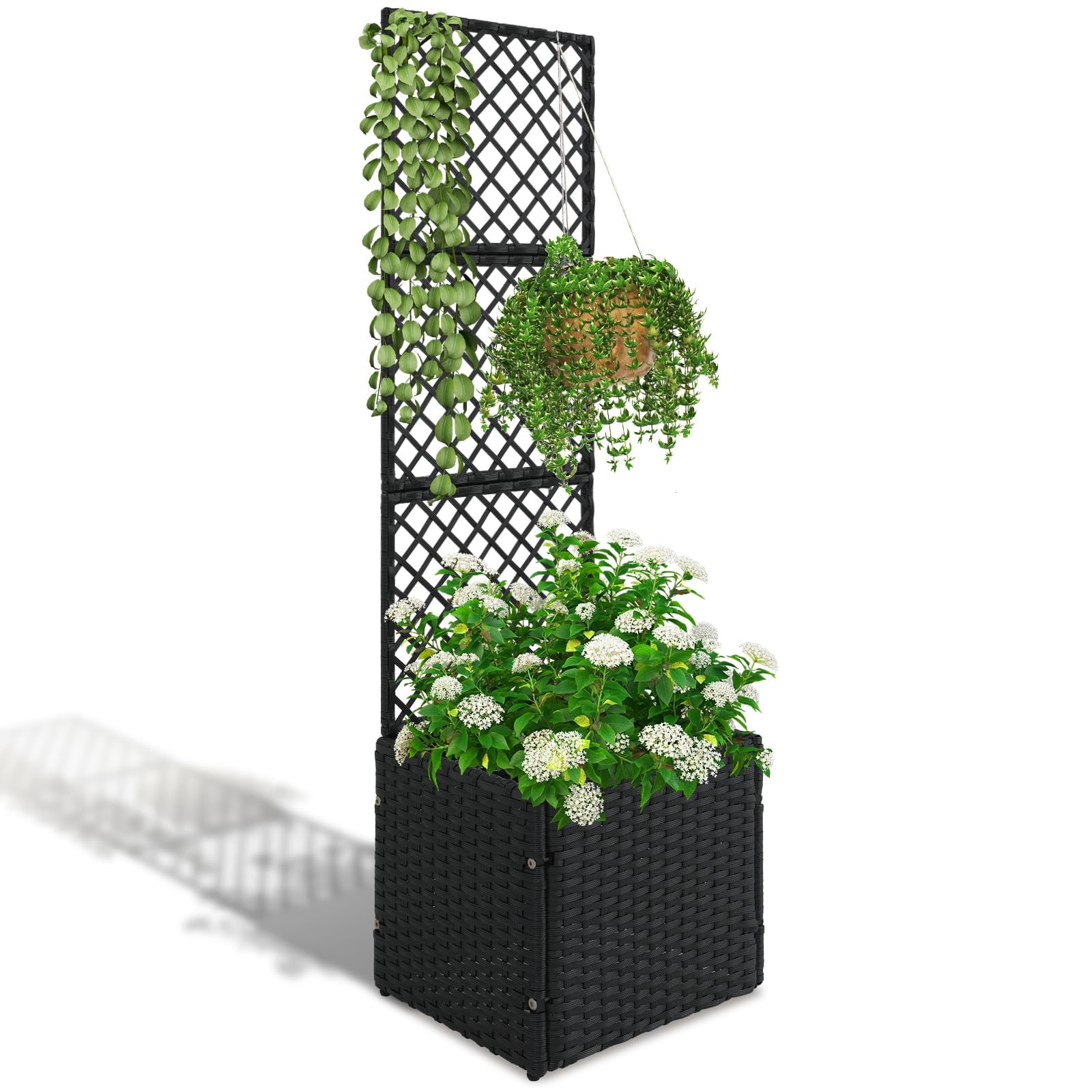 HomeVie Wicker Trellis Planter, Outdoor Raised Garden Bed with Drainage ...