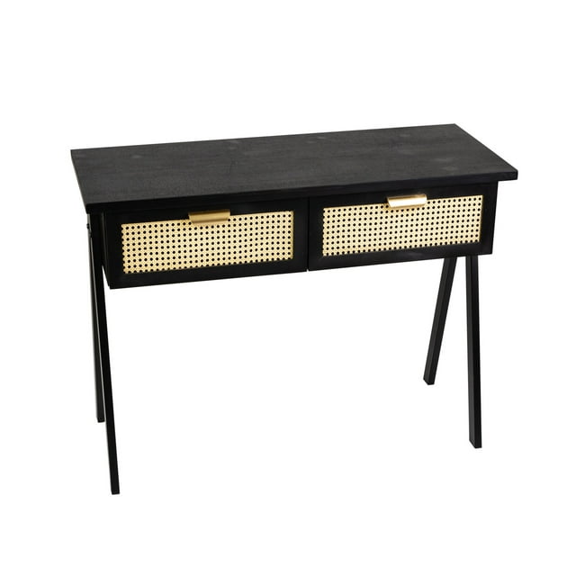 HomeView Design 39.4" Rectangle Black Rattan Console Table, 2 Drawers ...