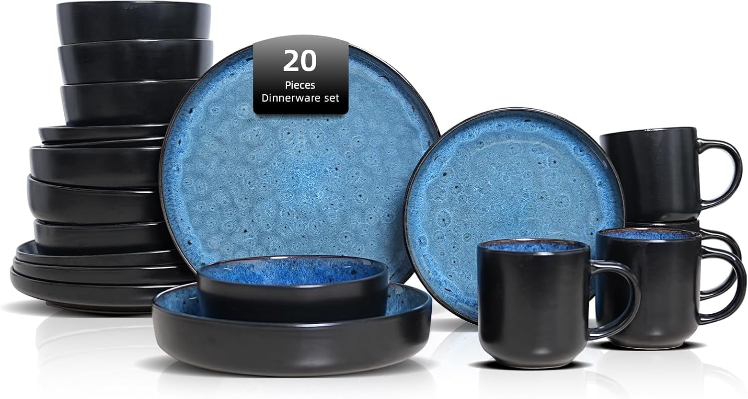 HomeVss 20-Piece Dinnerware Set - Serves 4, Reactive Glaze Bubble Blue ...