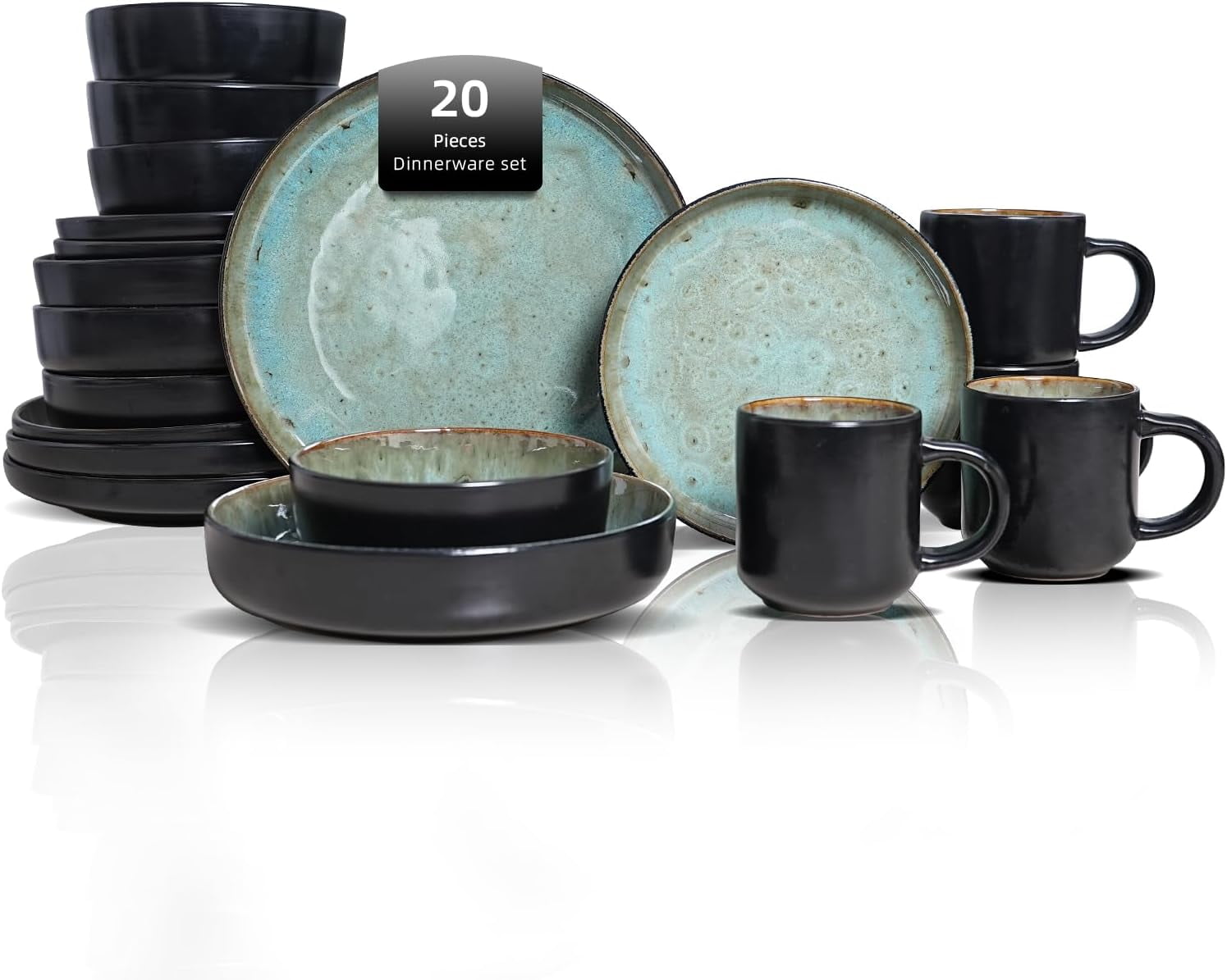 HomeVss 20-Piece Dinnerware Set - Serves 4, Reactive Glaze Bubble Green ...