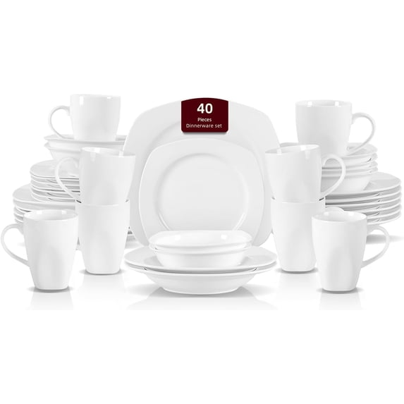 HomeVss, New Bone China Dinnerware Set, Coupe Square Shape, 40pc Set ...