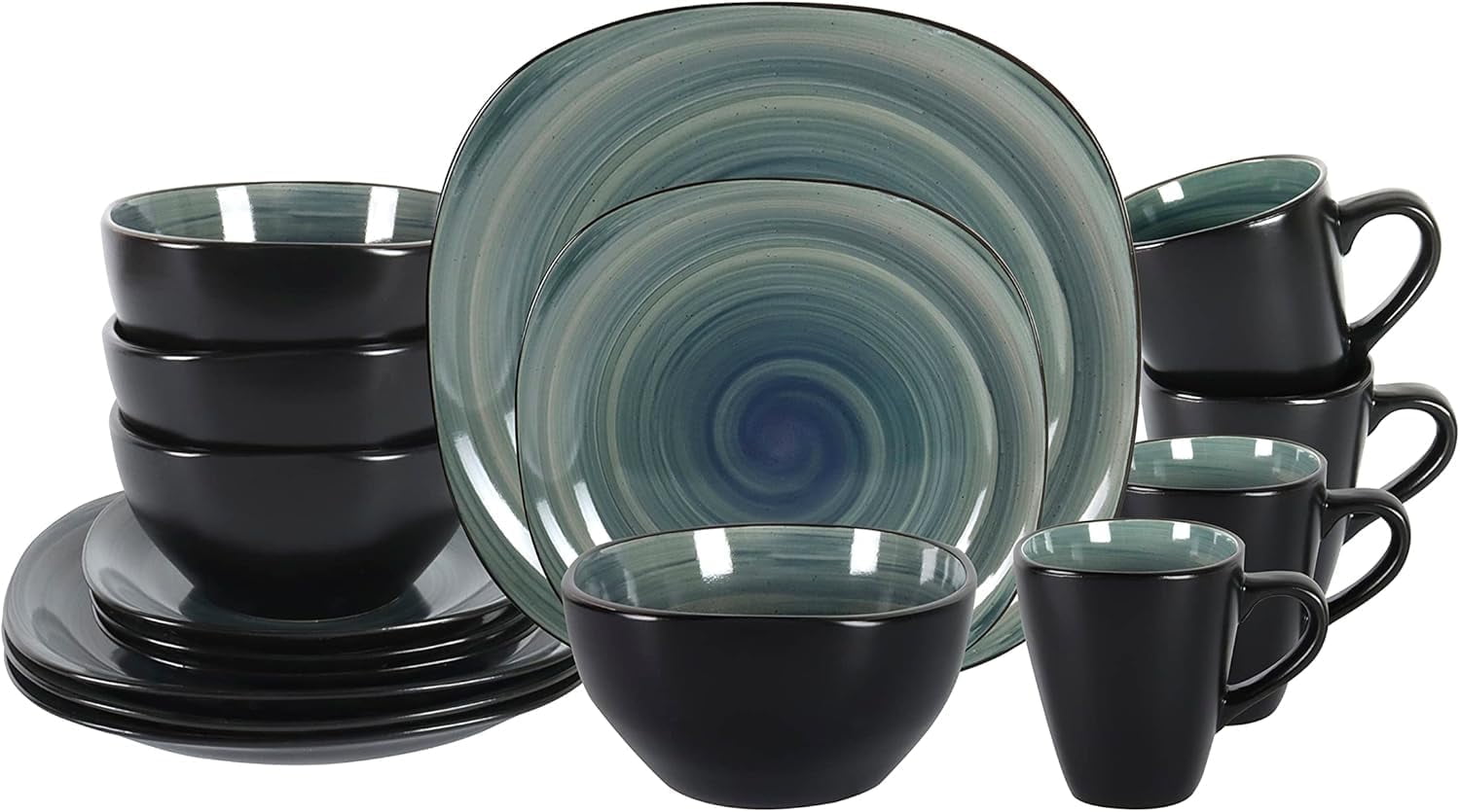 HomeVss Stoneware Square 16pc Dinnerware Set, Inside Spinwash Swirl ...