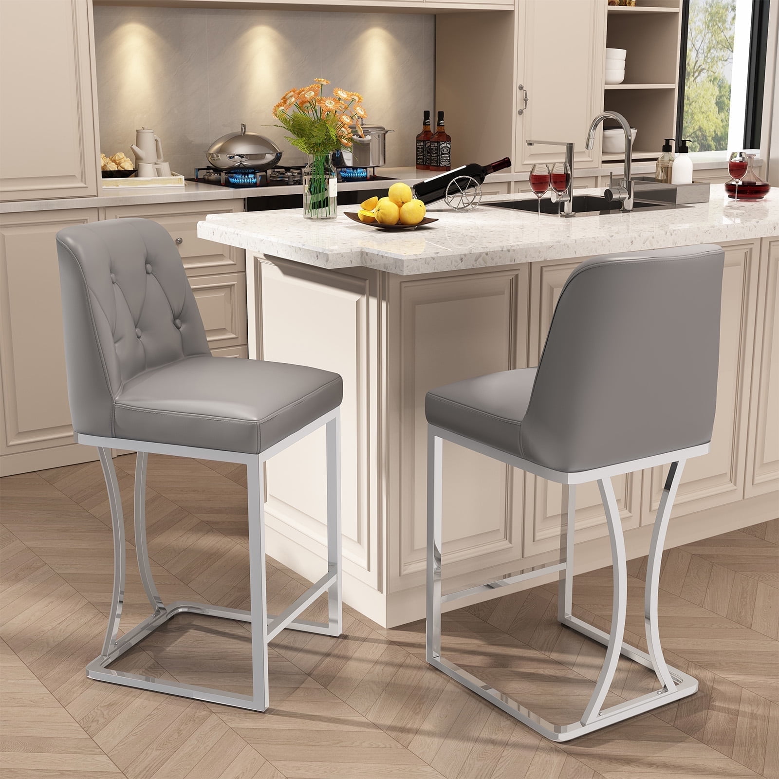 "HomeZeer 24"" Counter Height Bar Stools, Set of 2, Grey PU Leather ...