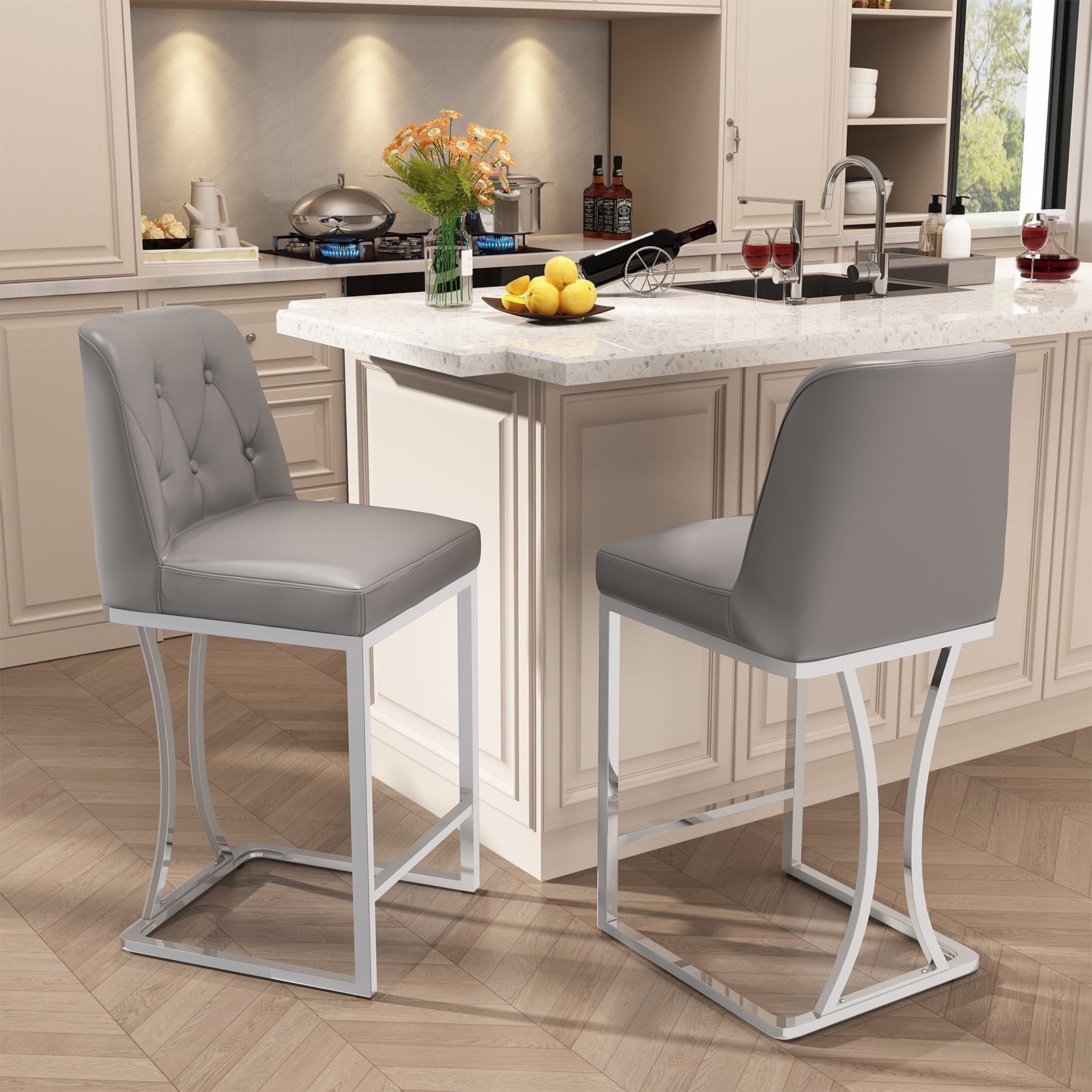 "HomeZeer 24"" Counter Height Bar Stools, Set of 2, Grey PU Leather ...