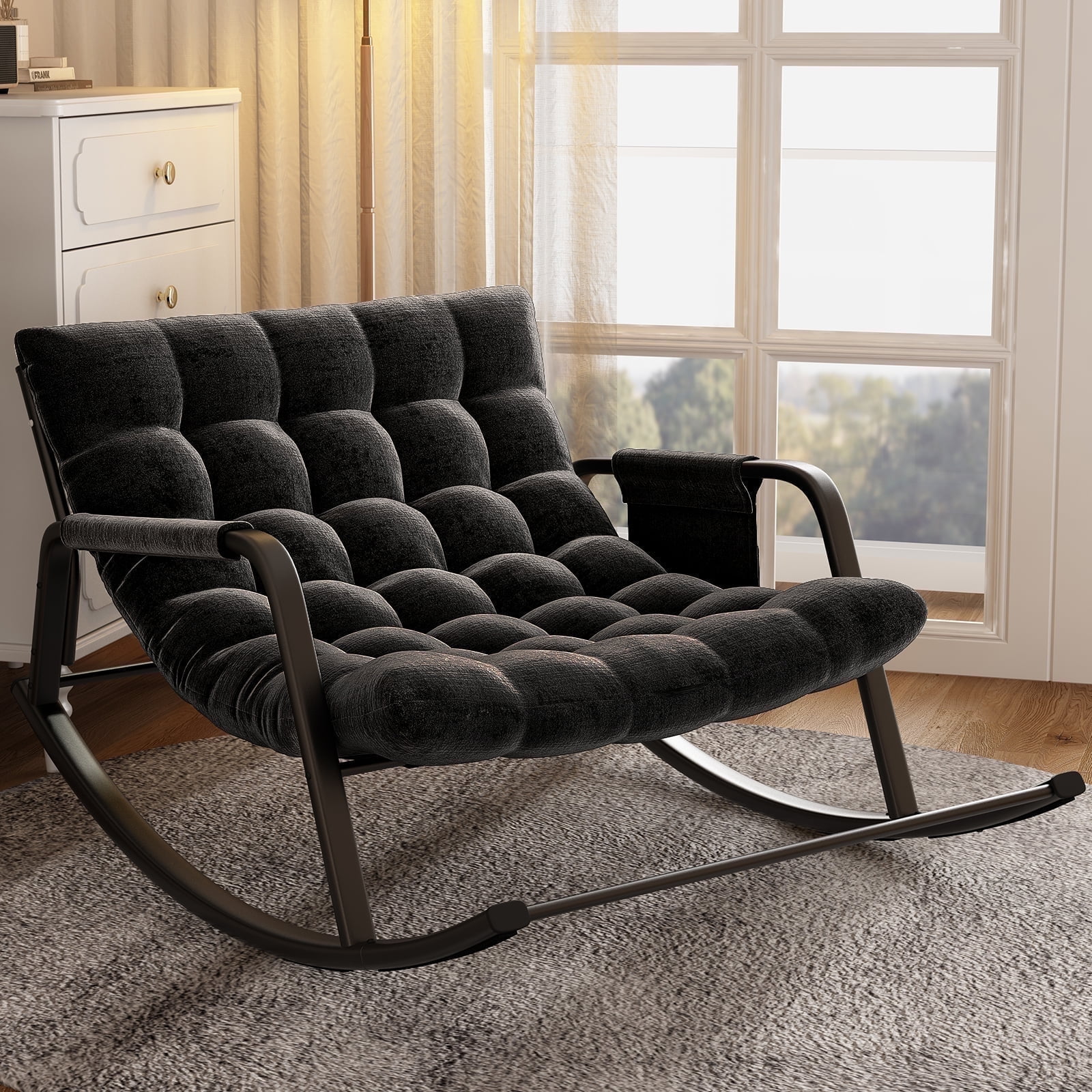 HomeZeer Indoor Rocking Chair with Cushion, Modern Grand Papasan Rocker ...