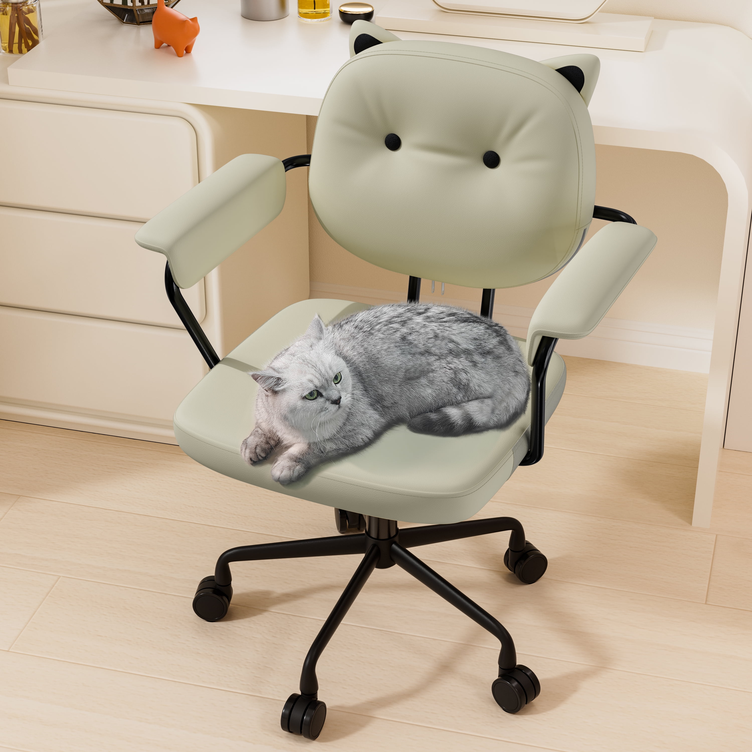 HomeZeer Mid Century PU Desk Chair with Arms, Cute Cat Design Ergonomic ...
