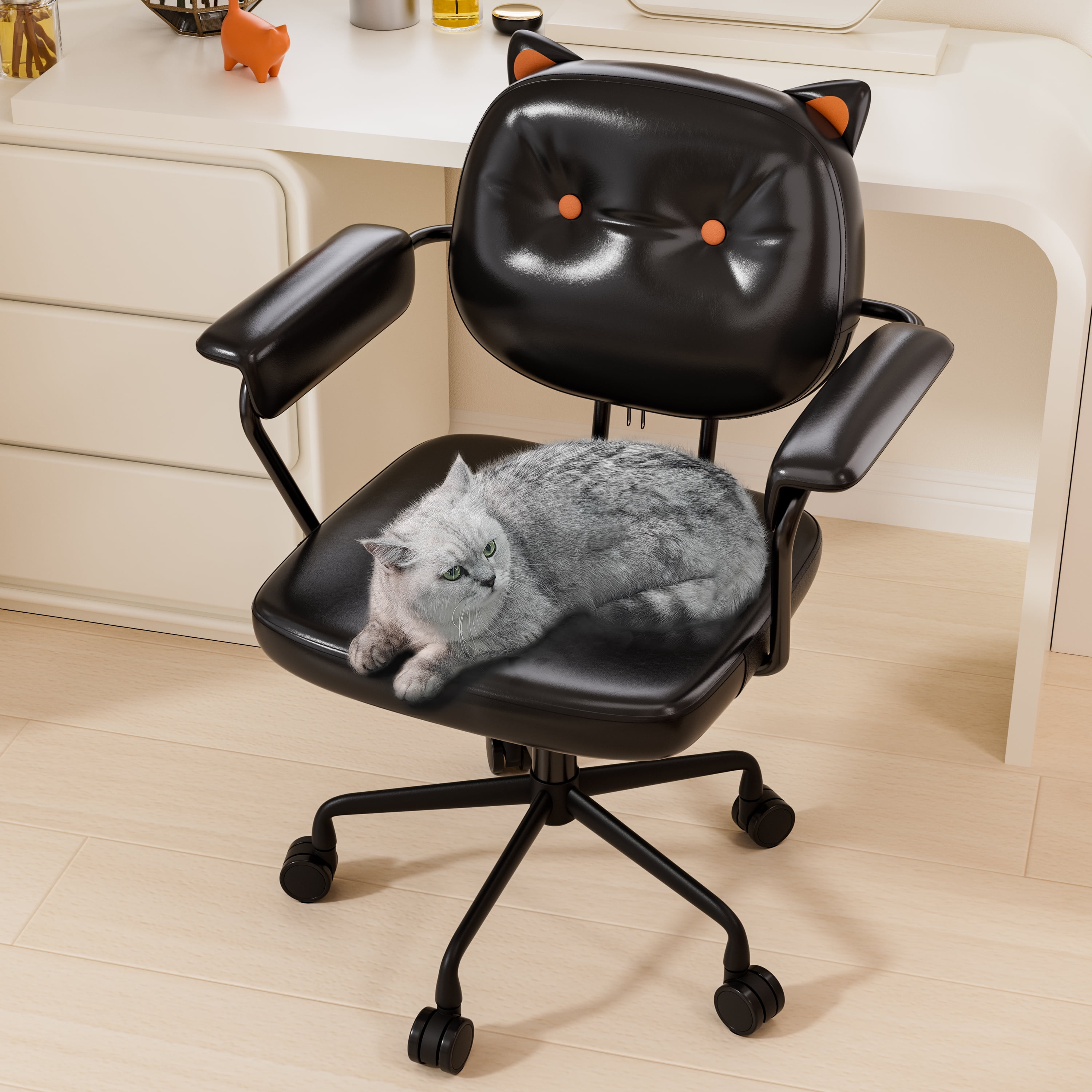 HomeZeer Mid Century PU Desk Chair with Arms, Cute Cat Design Ergonomic ...