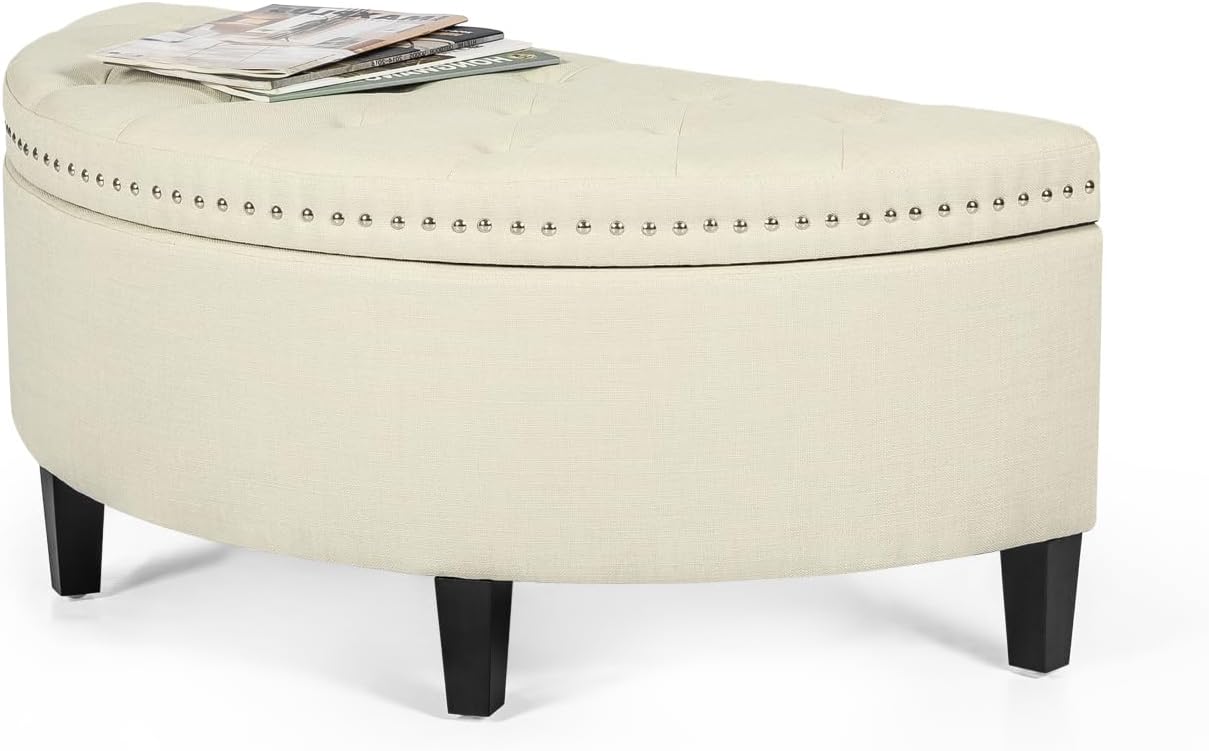 Homebeez 43" Half Moon Storage Ottoman Bench, Grainy Linen Fabric End ...