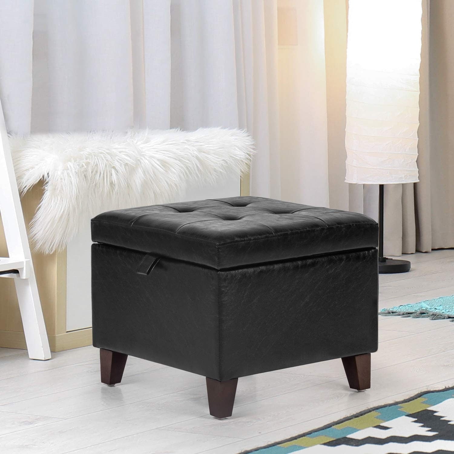 Homebeez Faux Leather Square Storage Ottoman with Wood Legs for Living Room Coffee Table Black