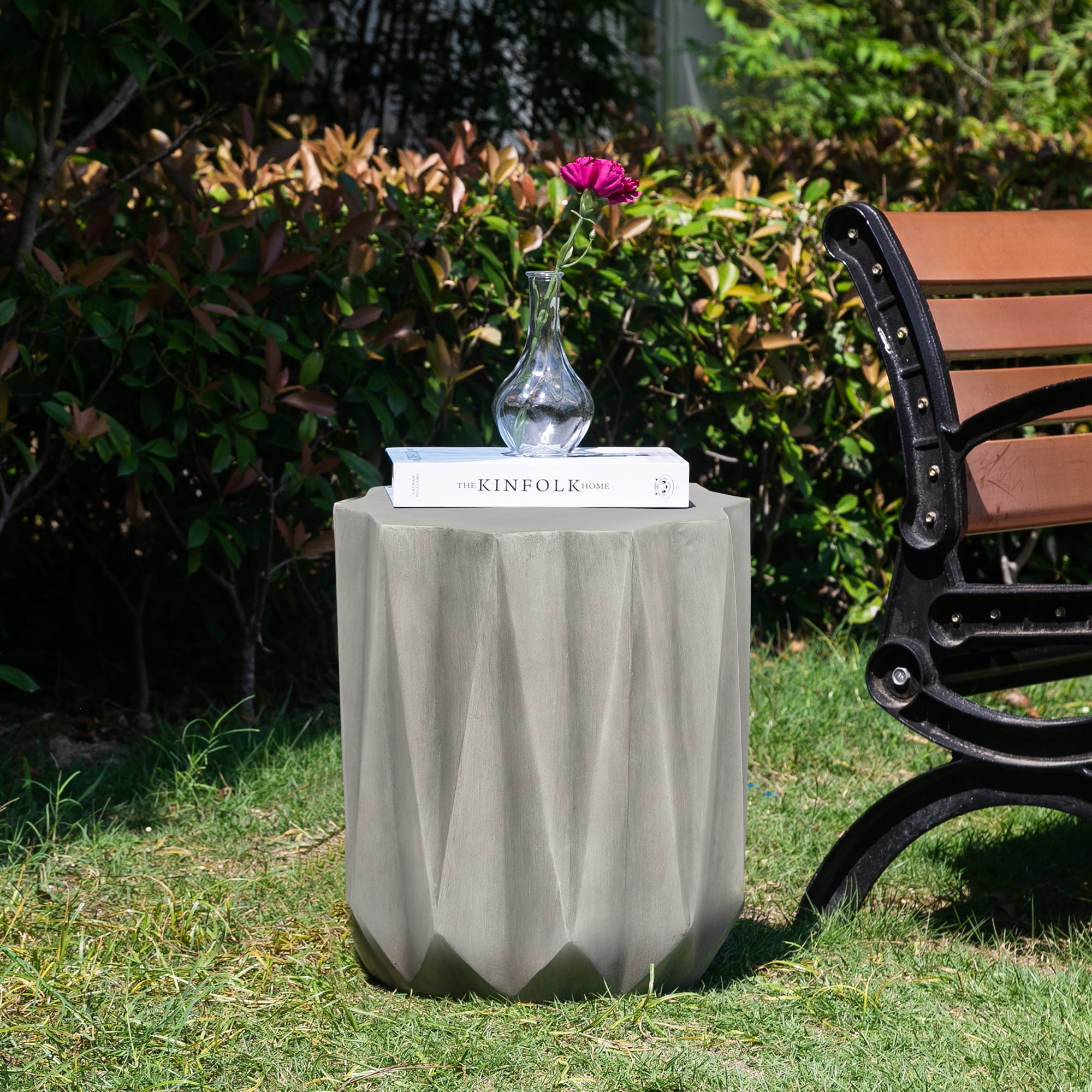 Homebeez Round Concrete Outdoor Side Table, Decorative Patio End Table ...