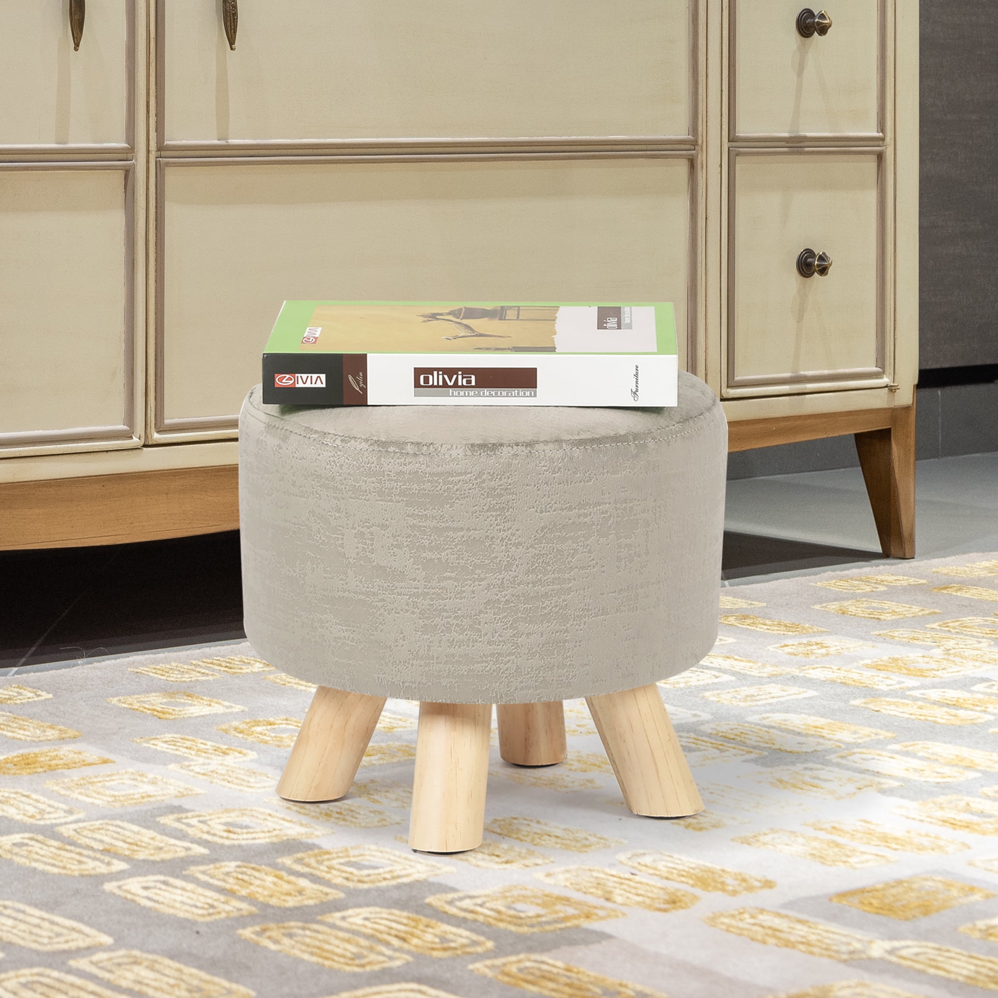 Homebeez Round Fabric Padded Ottoman Foot Rest Stool Wood Sofa Change ...