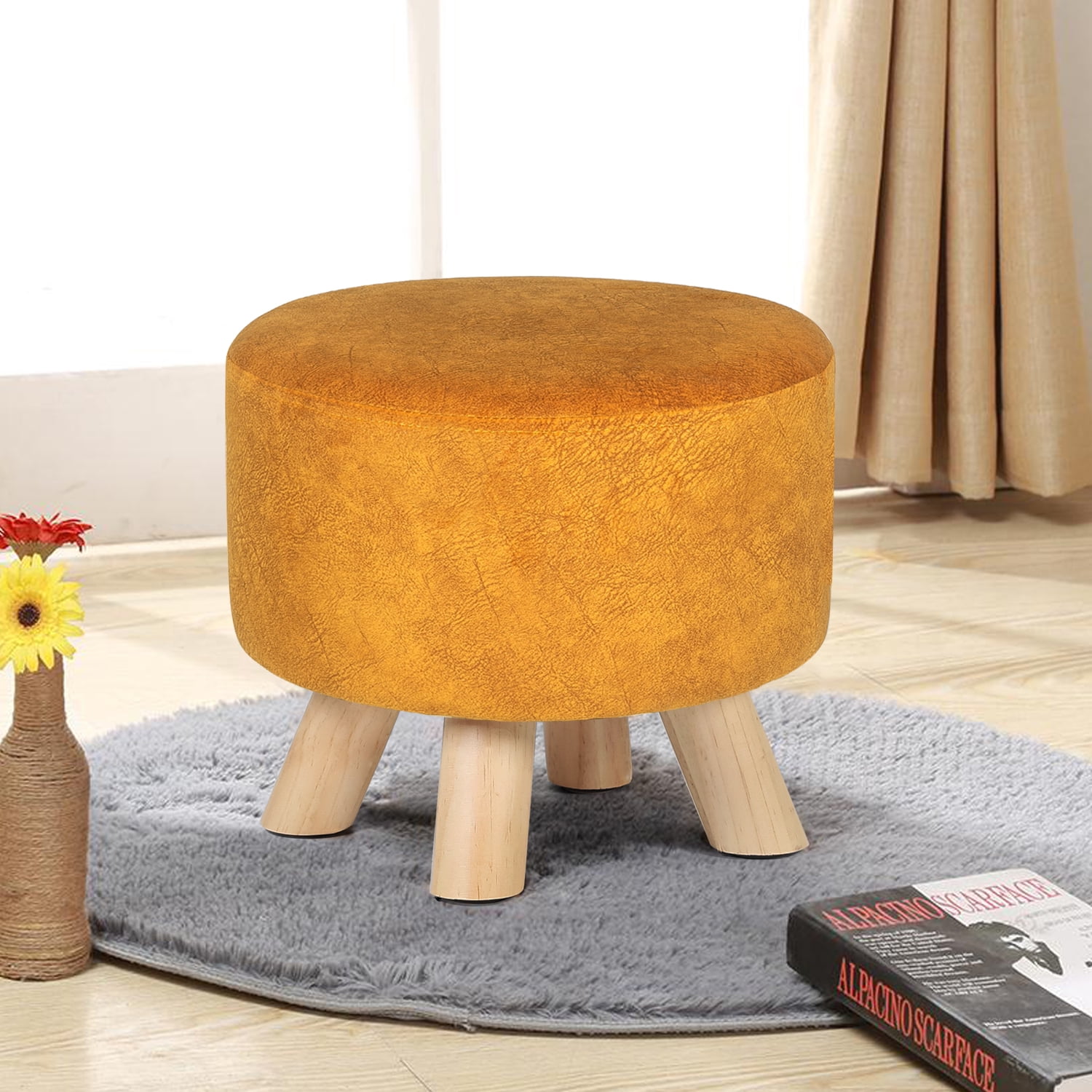 Homebeez Round Fabric Padded Ottoman Foot Rest Stool Wood Sofa Change ...