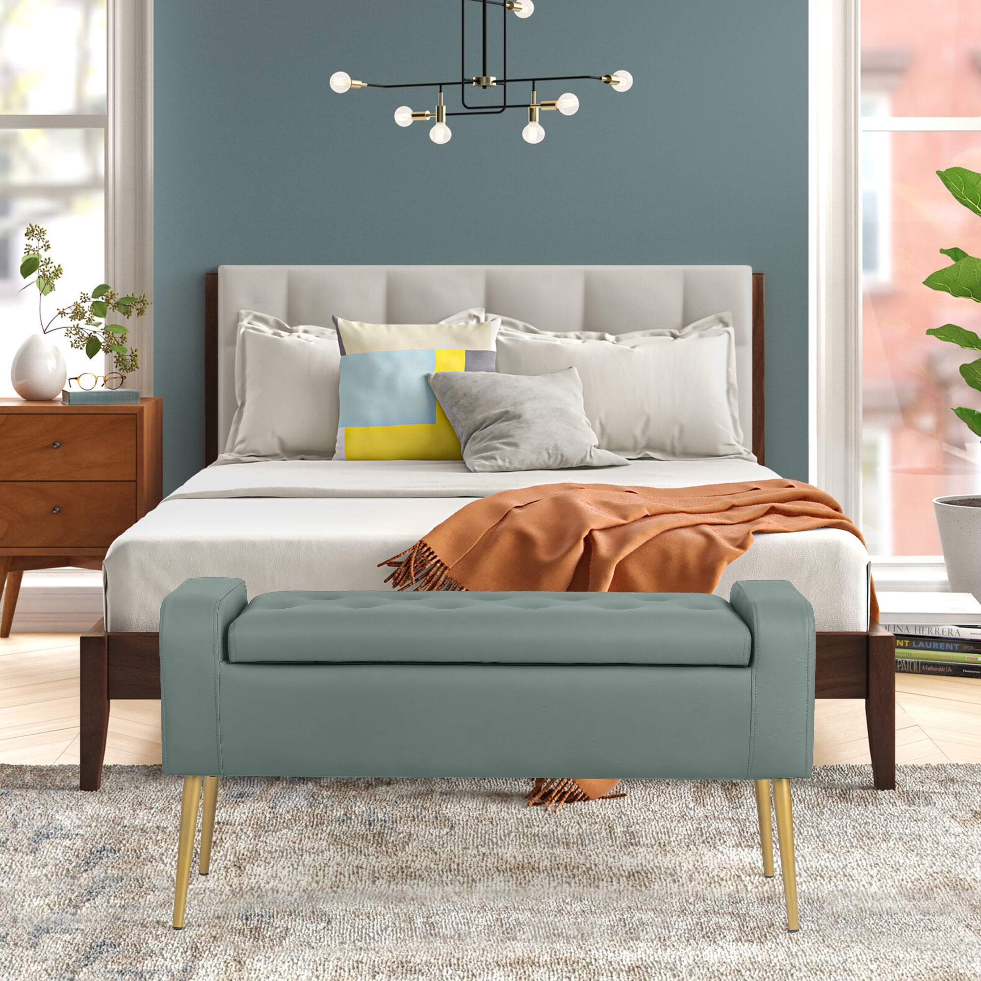 Homebeez Storage Bench End of Bed Bench Ottoman Upholstered PU Entryway ...