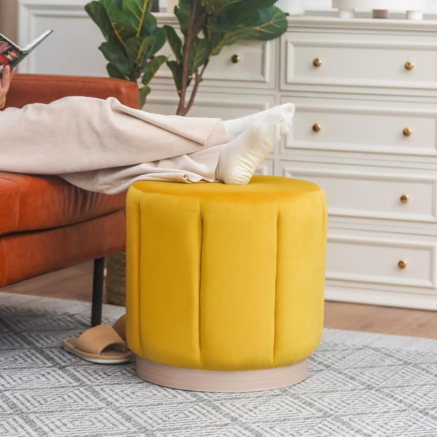 Homebeez Yellow Velvet Channel Tufted Living Room Bedroom Vanity Foot ...