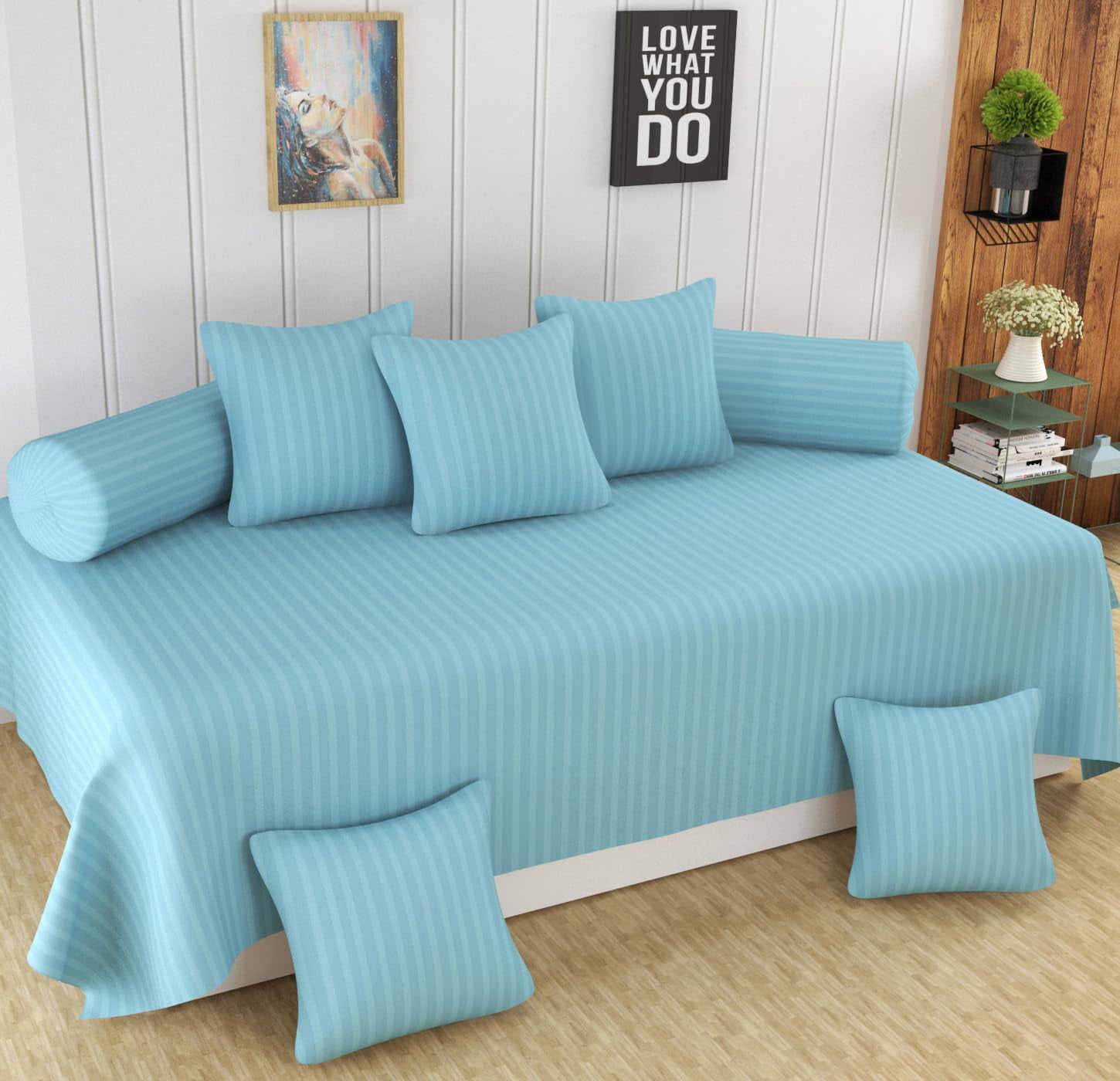 Homefab India 160 TC Stripe Glace Cotton Diwan Set 8 Piece Light Blue ...