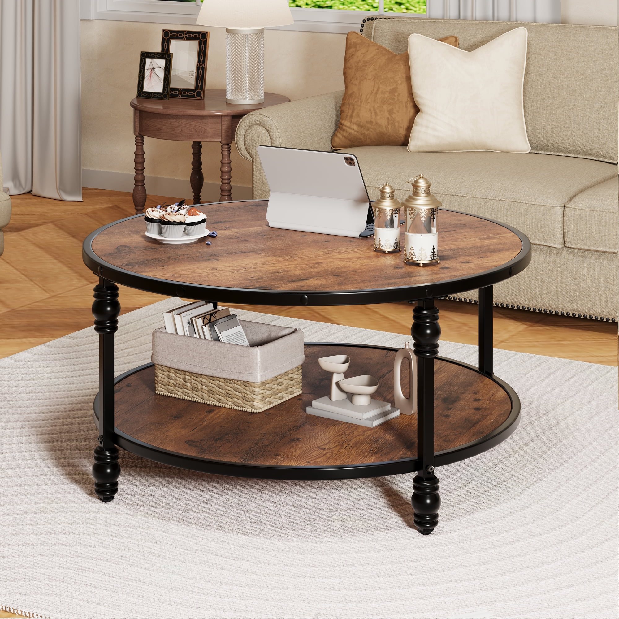 Homefan Round Coffee Table for Living Room Rustic Center Table with Storage Shelf Wood Circle ...