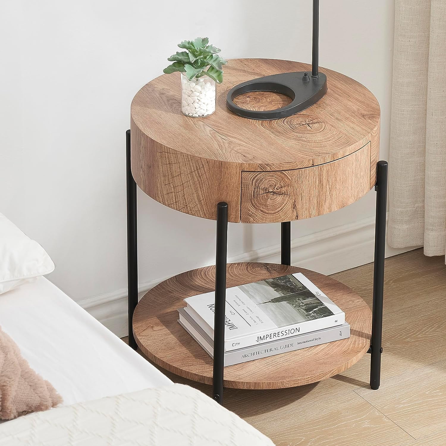 Homefan Round End Table Wood Side Table with Drawer Farmhouse Circle End Tables Accent Bedside ...