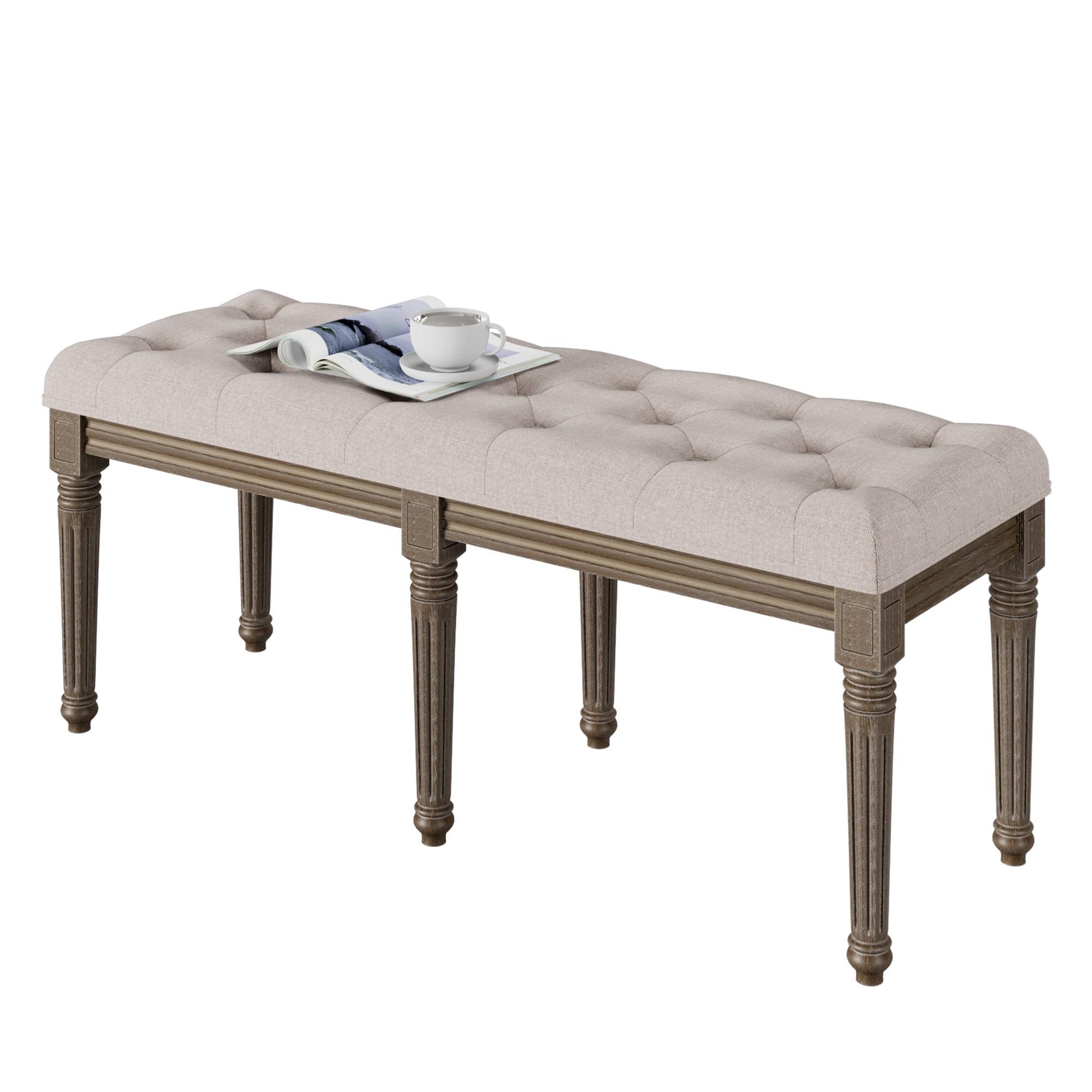 Homefan Upholstered Tufted Long Bench with Wood Frame Leg, Linen Bench ...