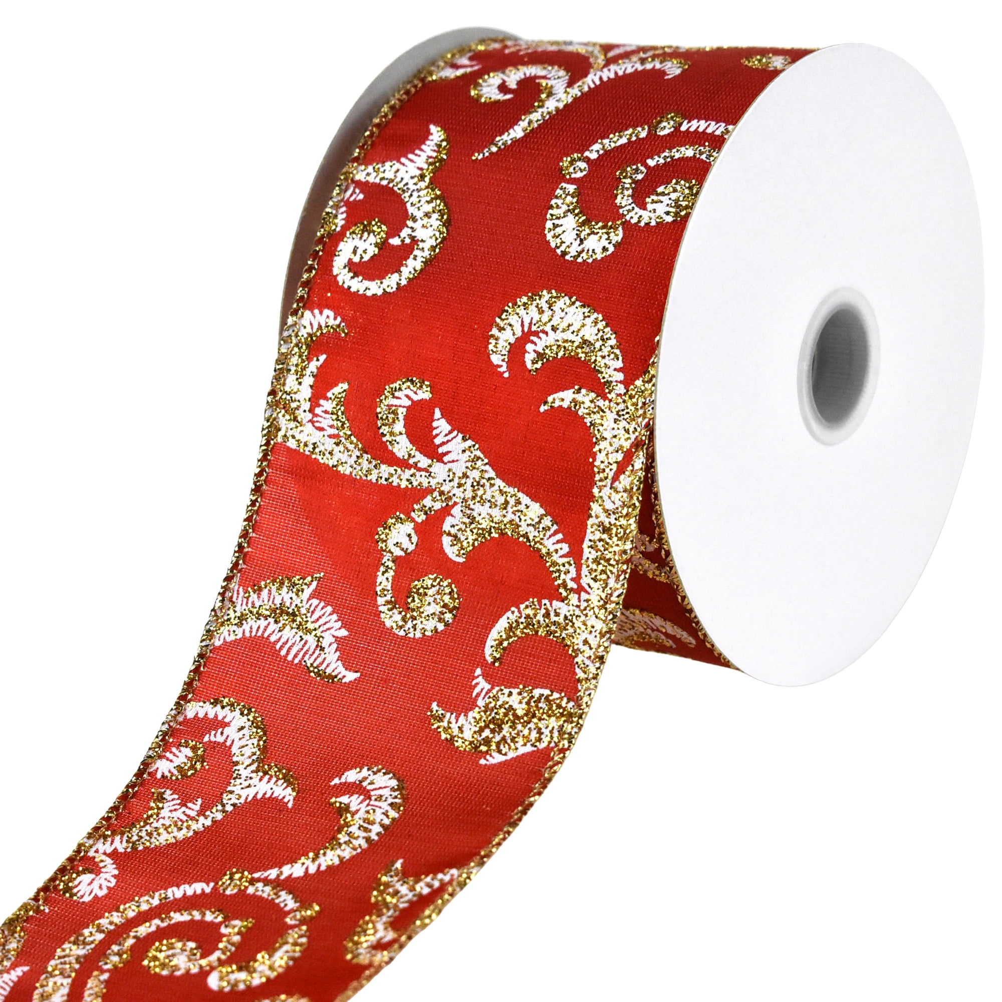 Homeford Christmas Scroll Filigree Glittered Satin Wired Ribbon, 2-1/2 ...