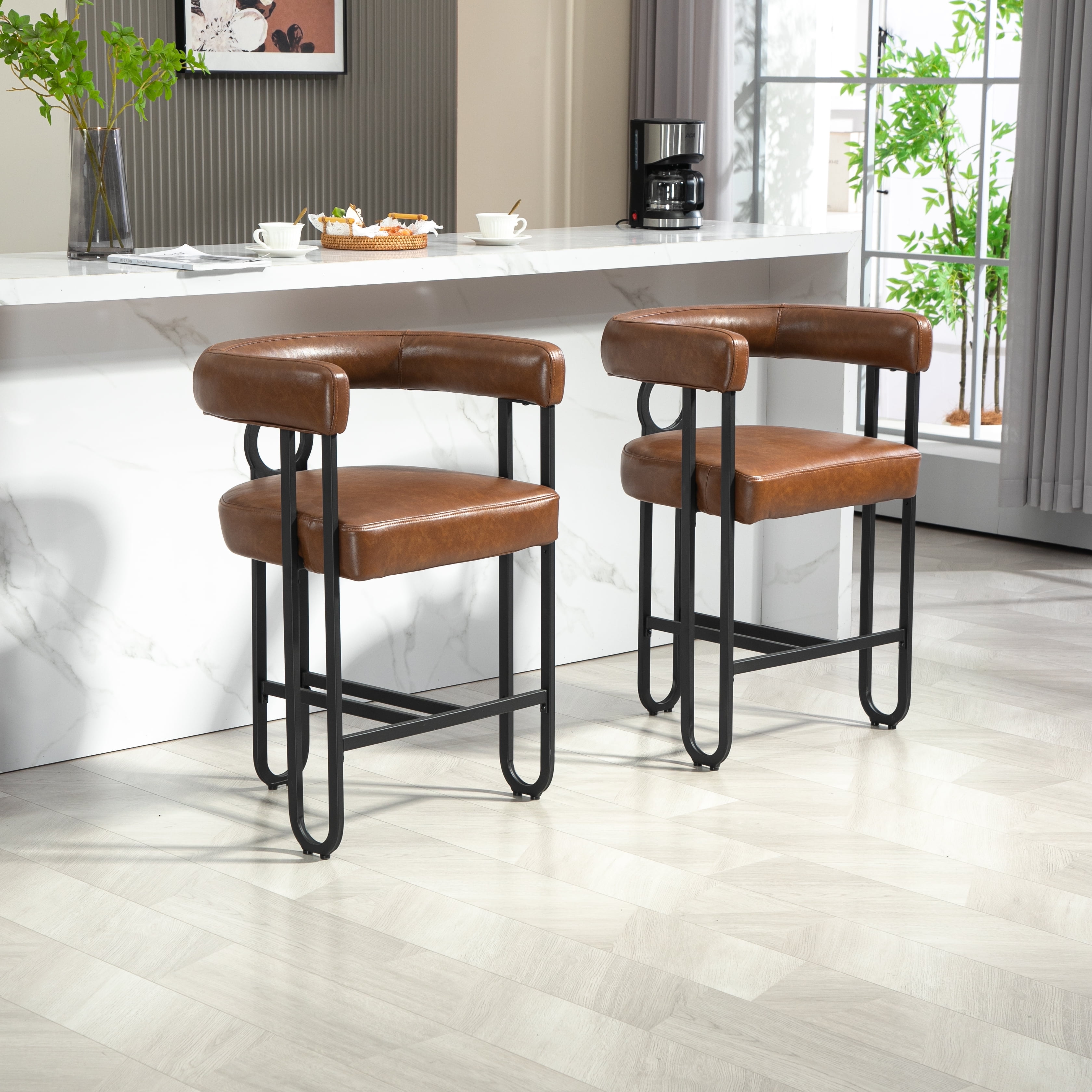 Homefun Bar Stools Set of 2, with Back, Black Metal Frames, Upholstered ...
