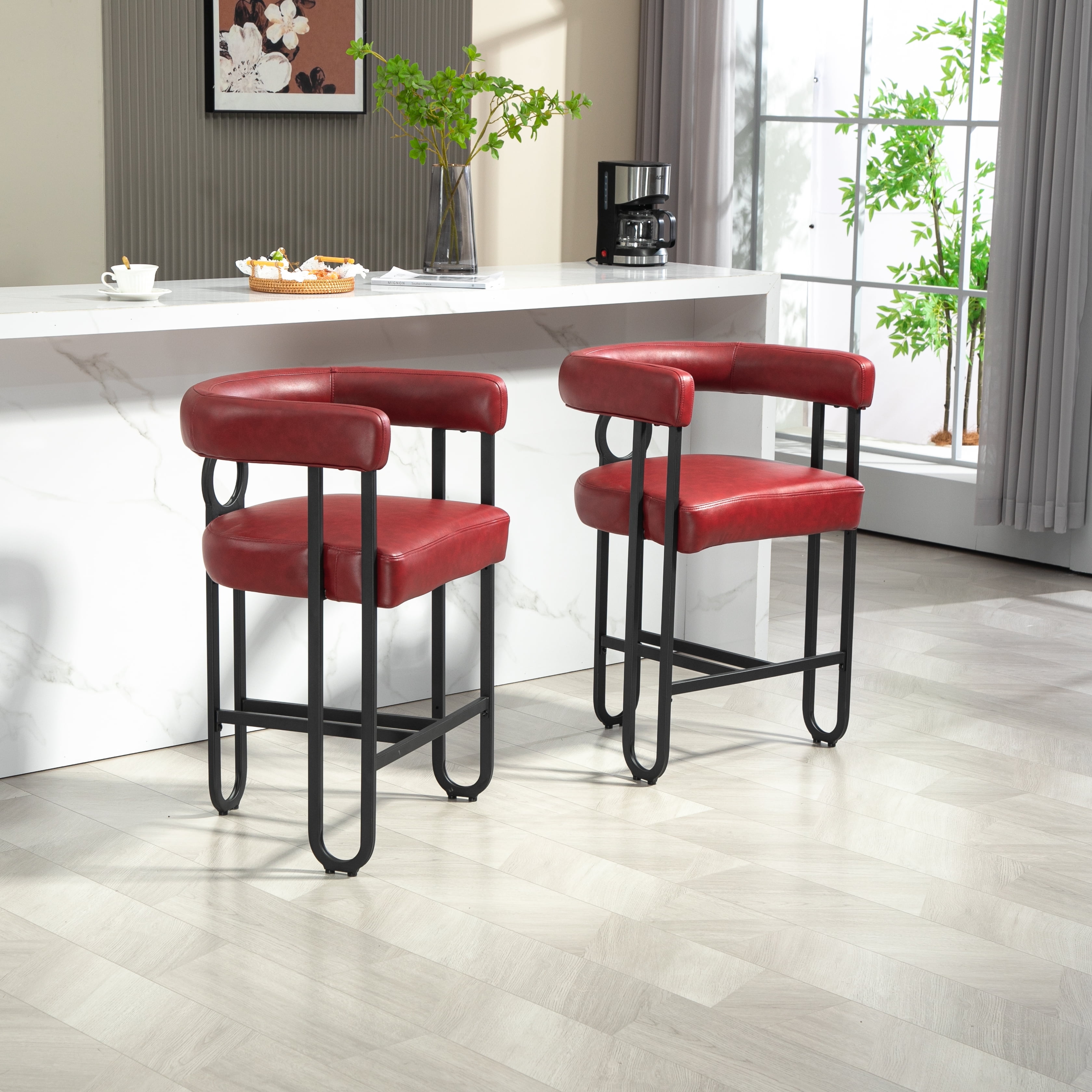 Homefun Bar Stools Set of 2, with Back, Black Metal Frames, Upholstered ...