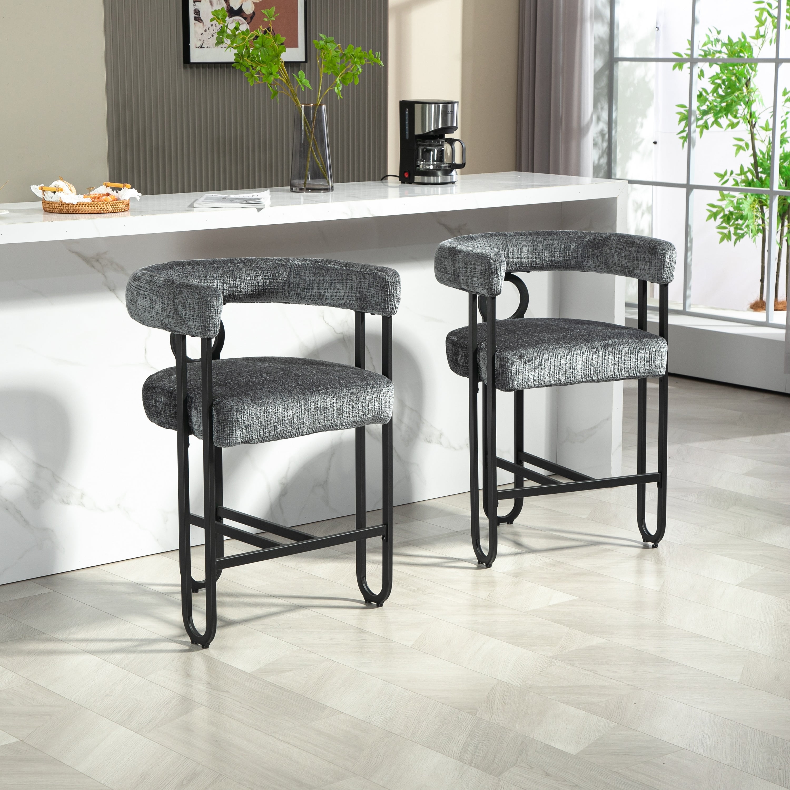 Homefun Bar Stools Set of 2, with Back, Black Metal Frames, Upholstered ...