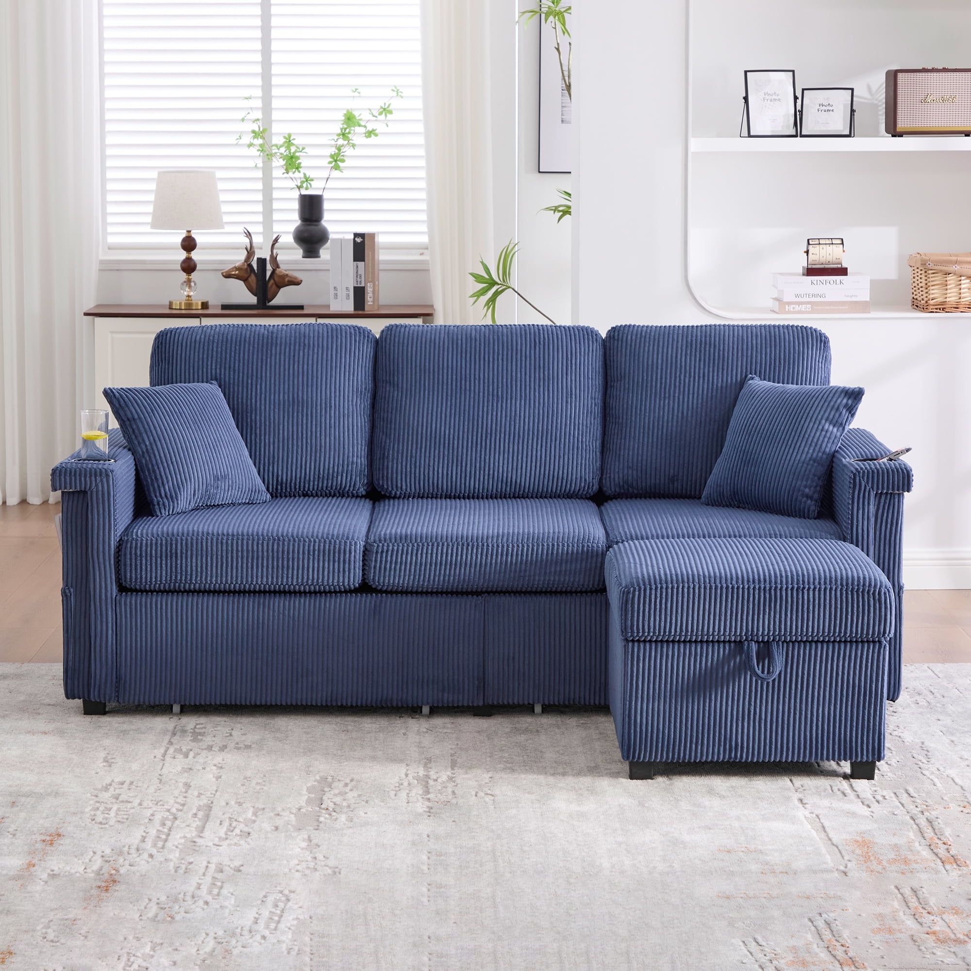 Homefun L-Shaped Sectional Sofa with Pull-Out Storage USB，Ottoman ...