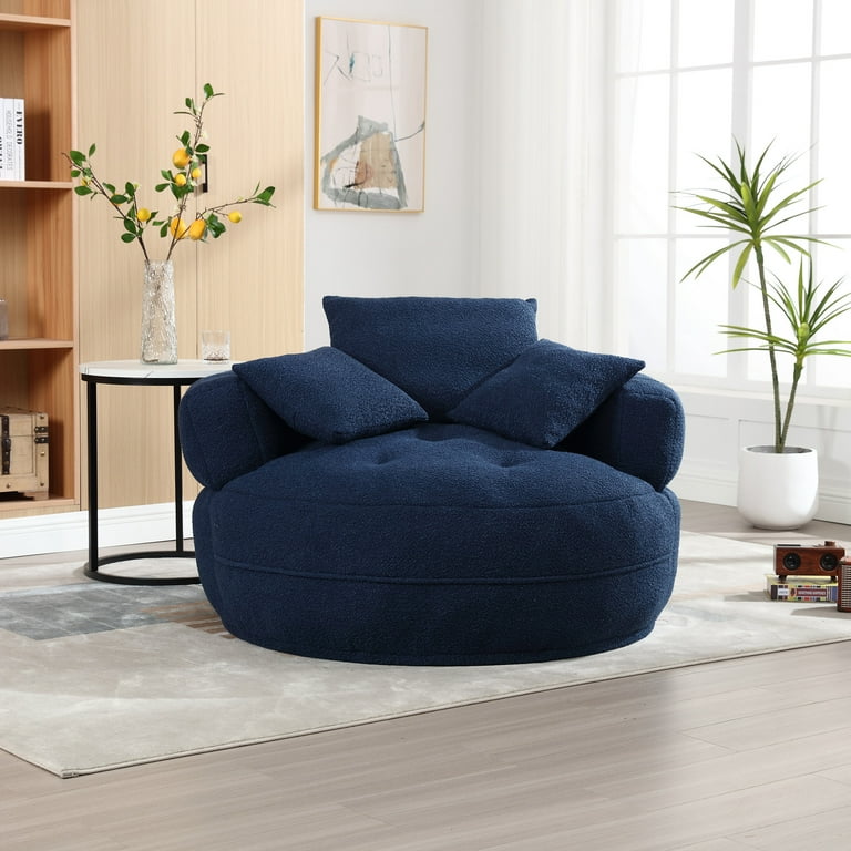 Boucle Upholstered Tufted Barrel Accent Living Room Chair with Toss Pillows Navy Blue
