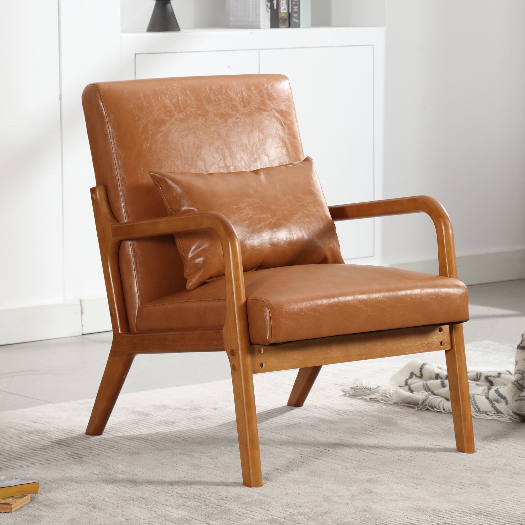 Homefun Modern Chair PU Leather Solid Wood Frame Accent Armchair with ...