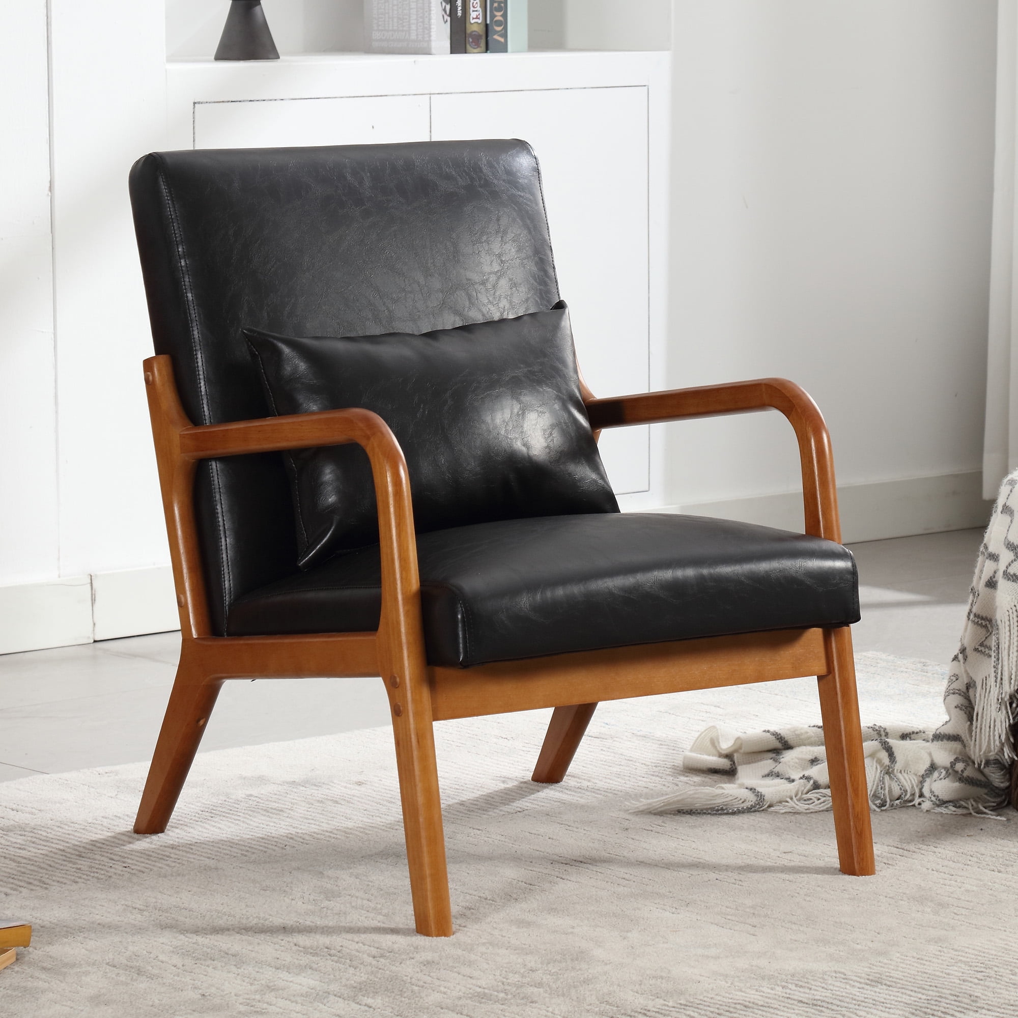 Homefun Modern Chair PU Leather Solid Wood Frame Accent Armchair with ...