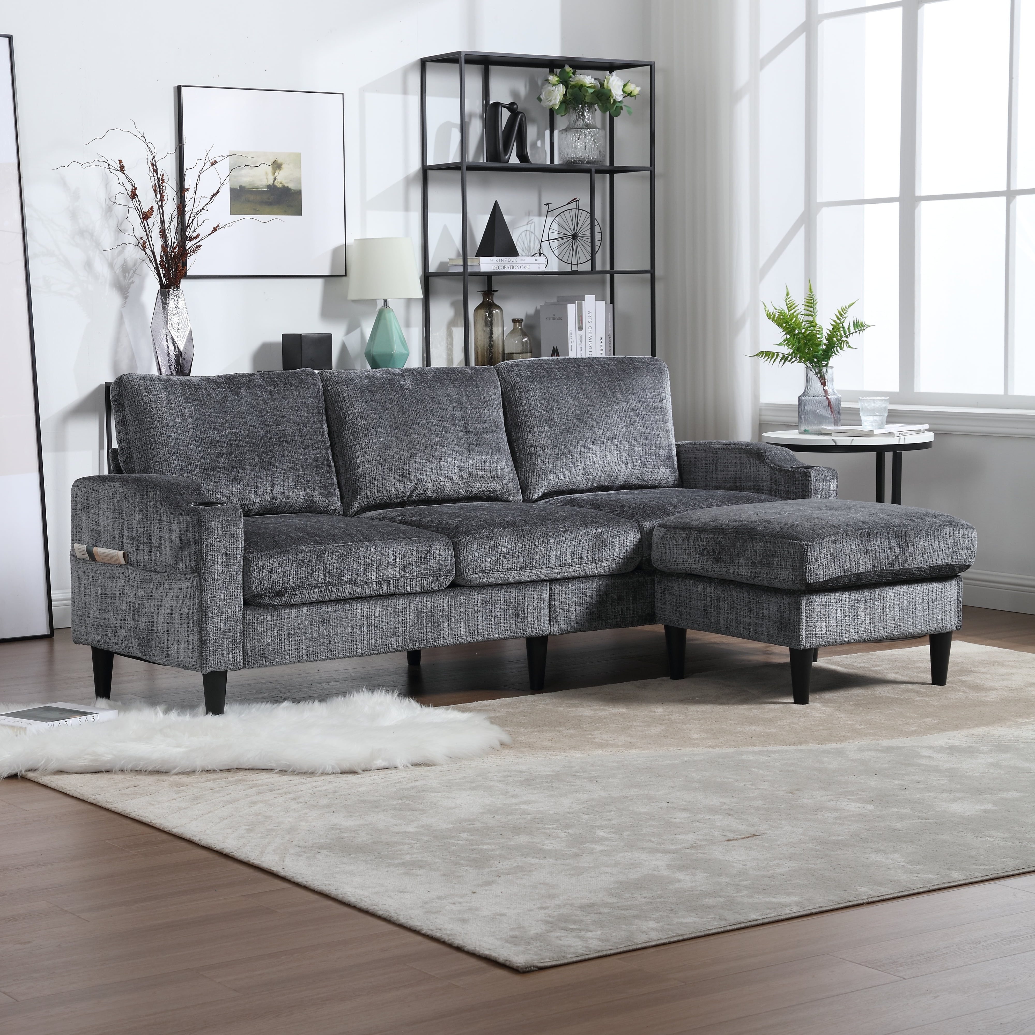 Homefun Modern Chenille Sectional Sofa with Removable Storage Ottoman, L-Shaped Upholstered ...