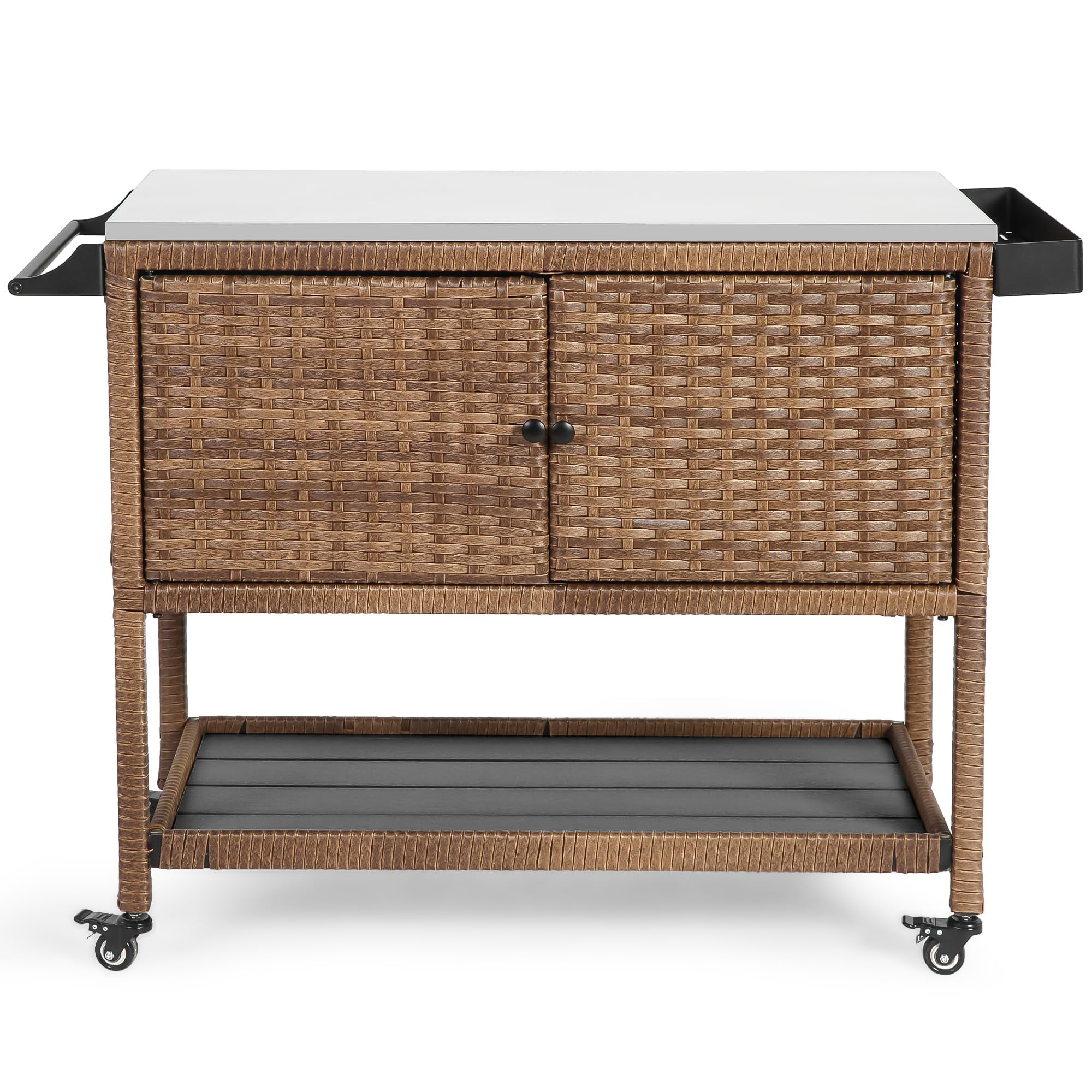 Homefun Outdoor Bar Cart with Wheels - Wicker Rolling Beverage Cart ...