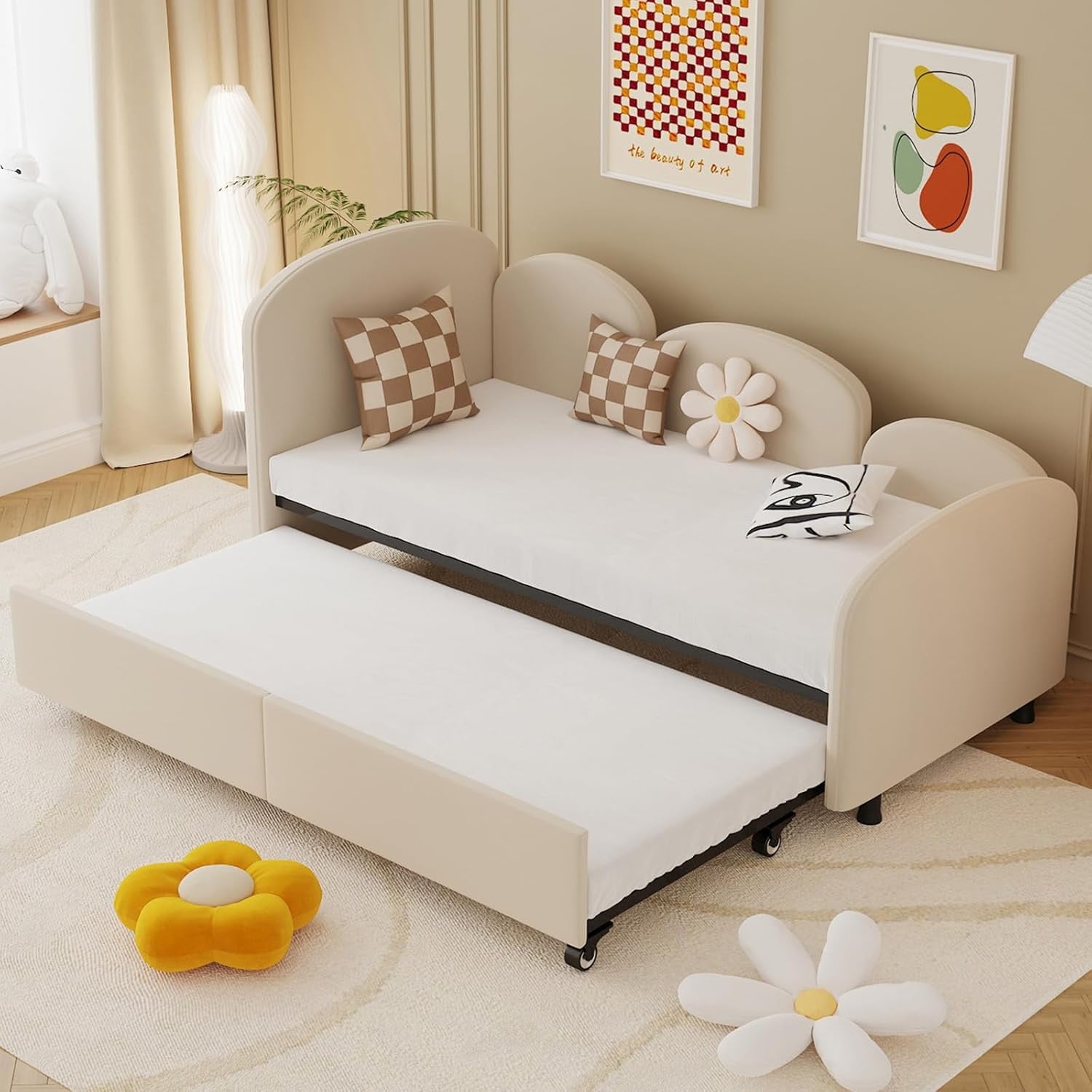 Homefun Twin Size Bed Frame Velvet Upholstered Daybed Convertible Sofa ...