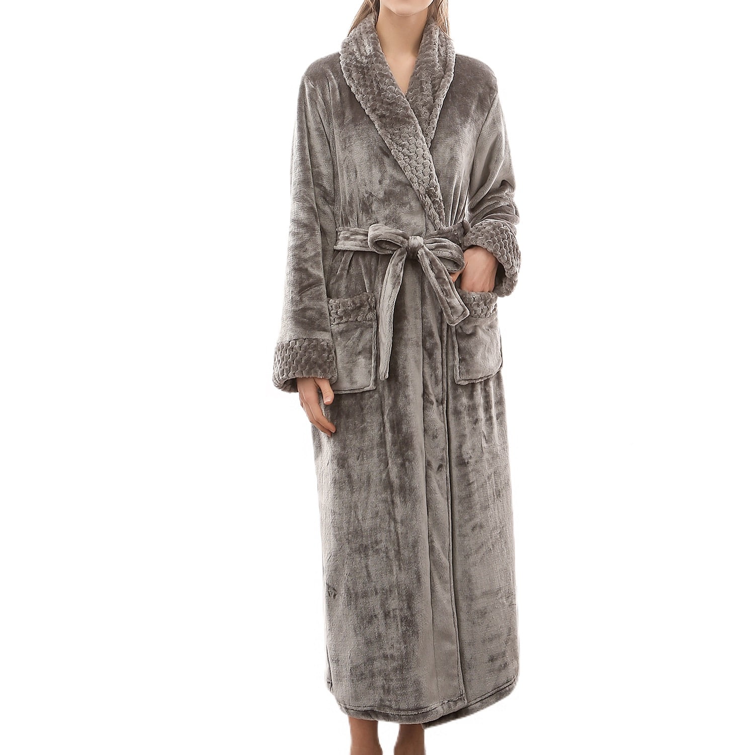 Defitshape Women's Flannel Bath Robe Long Full Length Pockets Belted ...