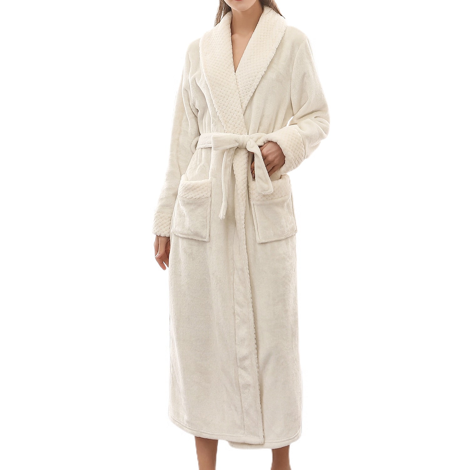 Defitshape Women's Flannel Bath Robe Long Full Length Pockets Belted ...