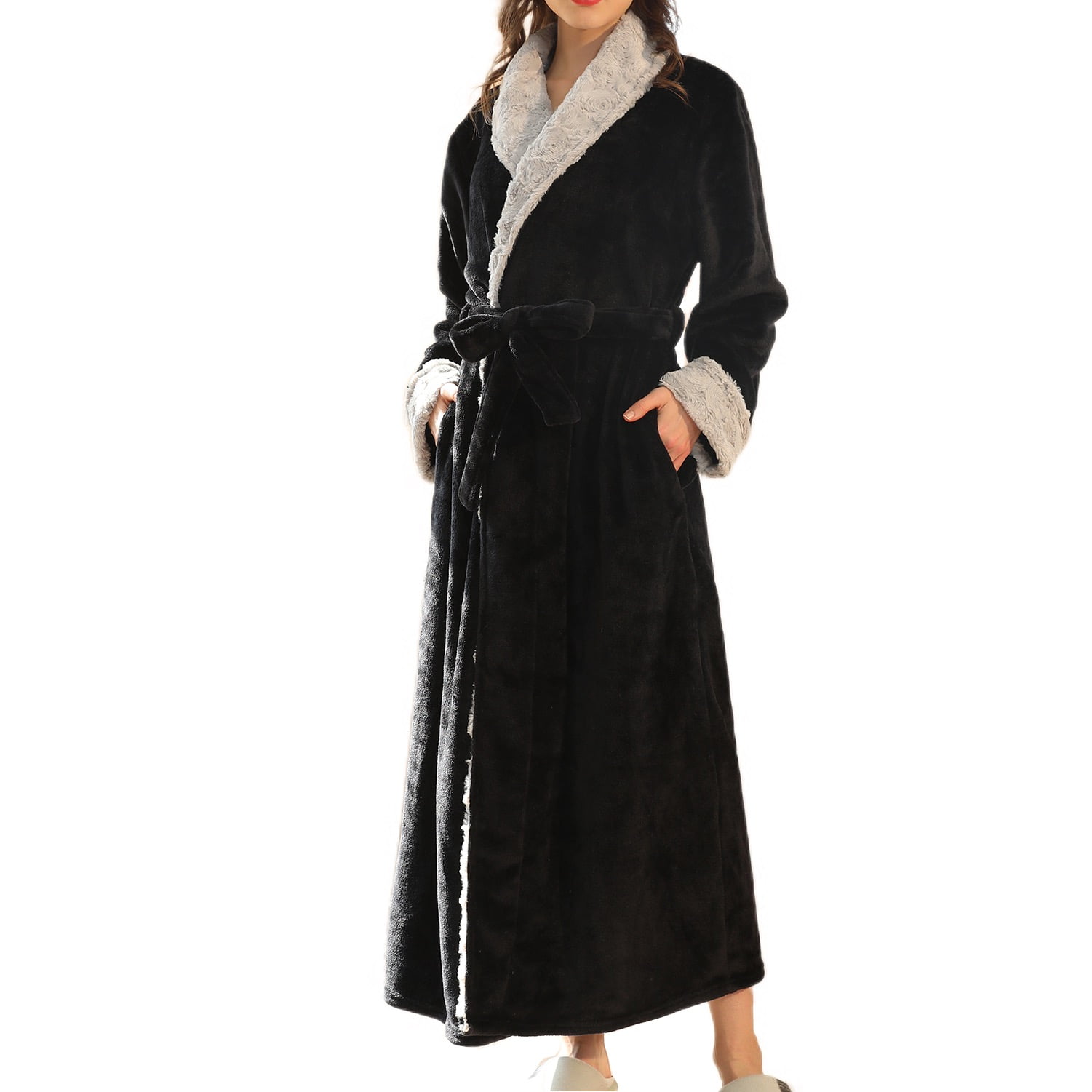 Homegro Women's Flannel Long Bath Robe Fleece Fuzzy Plush Bathrobe Full ...