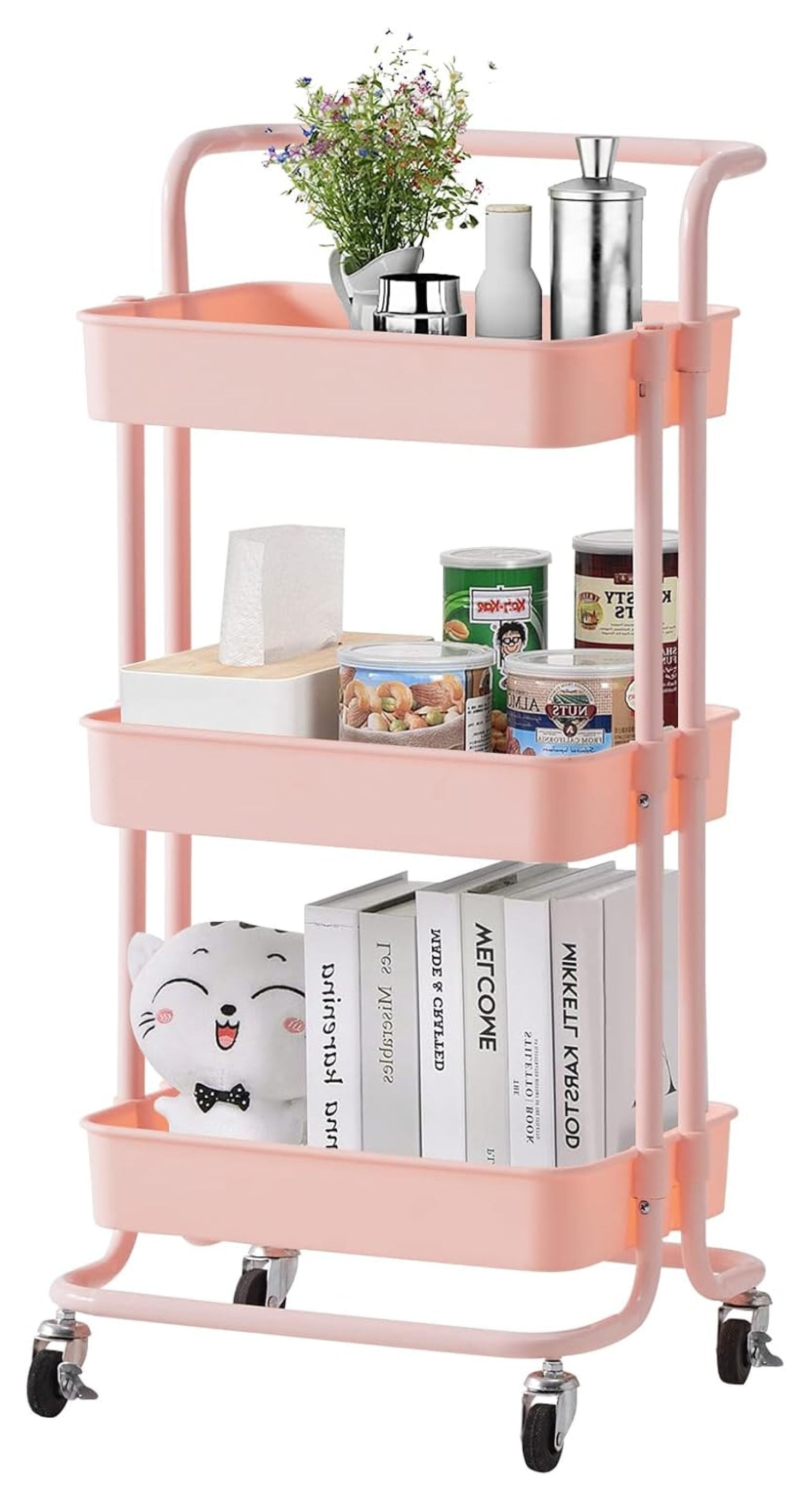 Homehours 3-Tier Rolling Storage Cart with Lockable Wheels and ...
