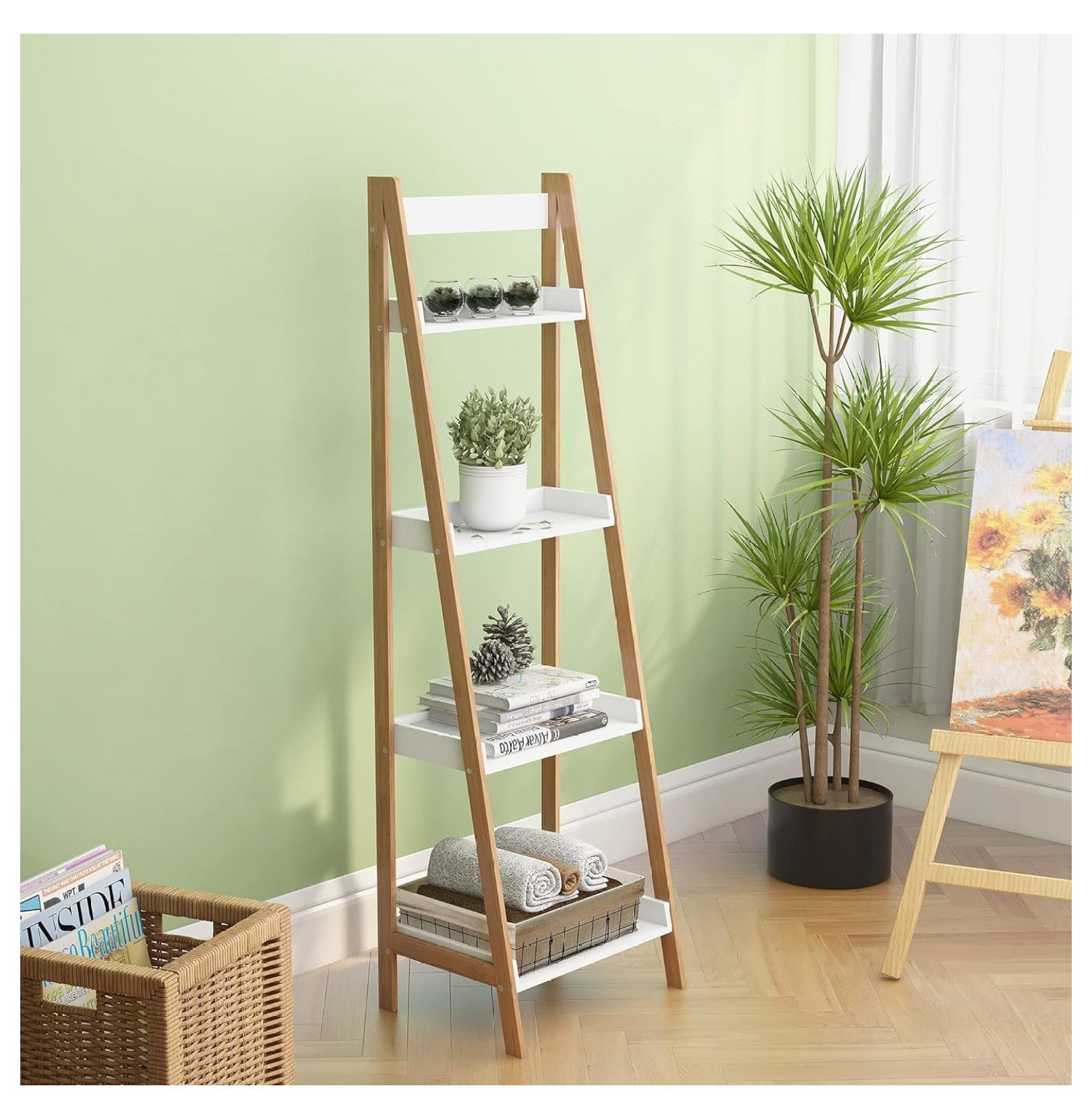 Homehours 4-Tier Ladder Bookcase with Solid Bamboo Storage Rack Shelf ...