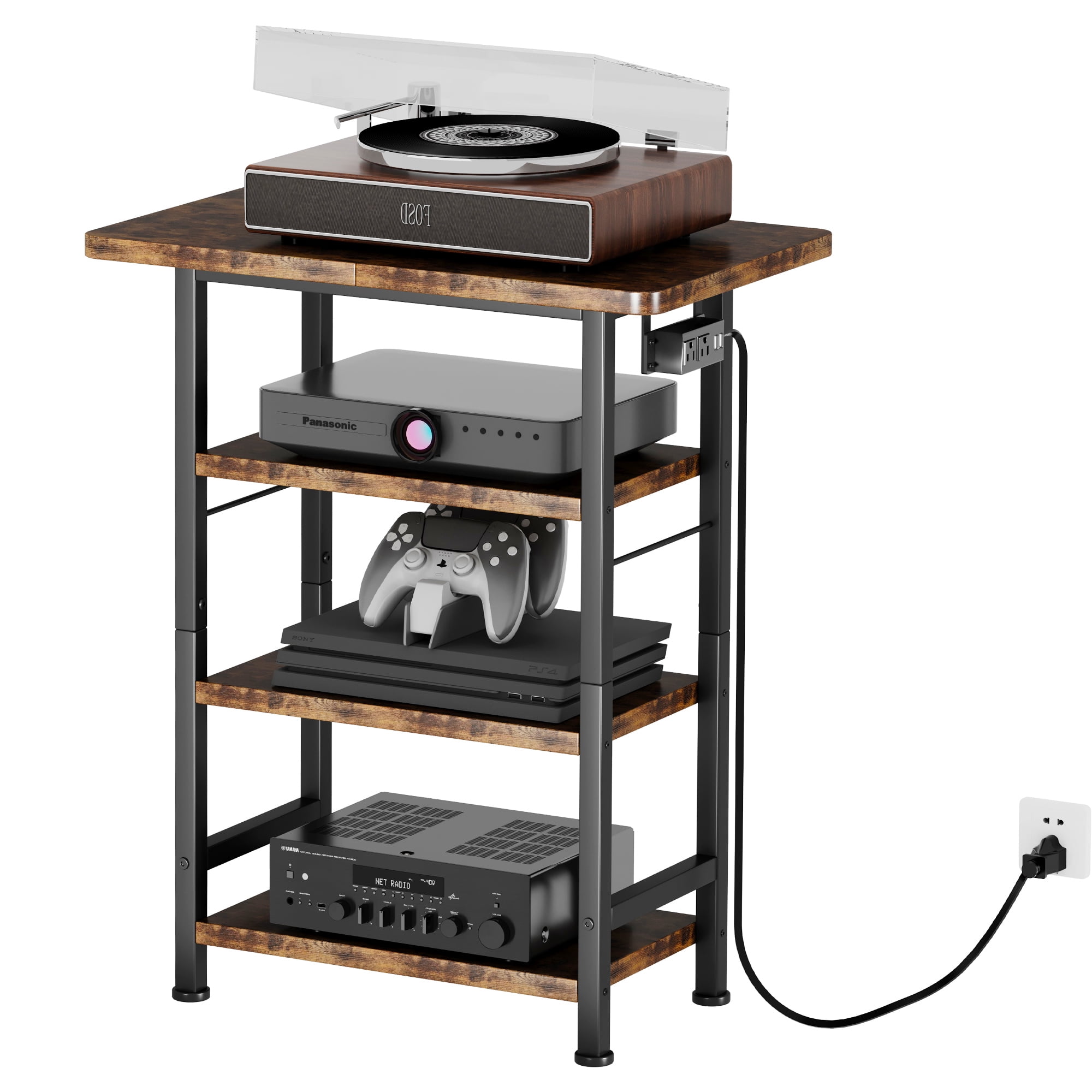 Homeiju 4-Tier AV Media Stand with Power Outlet, Wooden Record Player ...