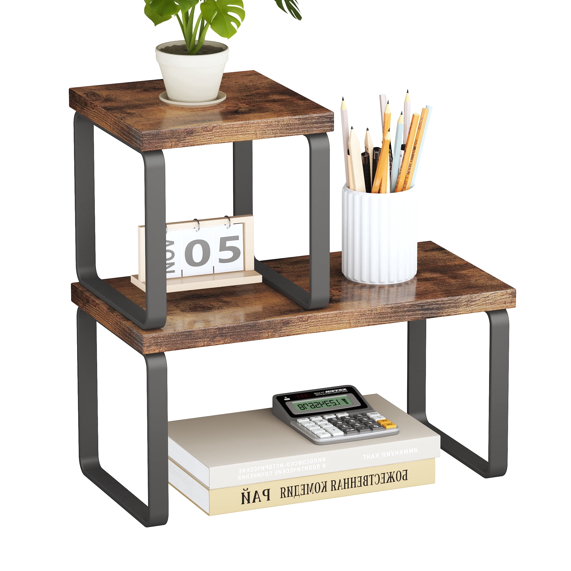 Homeiju Wooden Desktop Organizer Shelf, 2-Tier Adjustable Freestanding ...