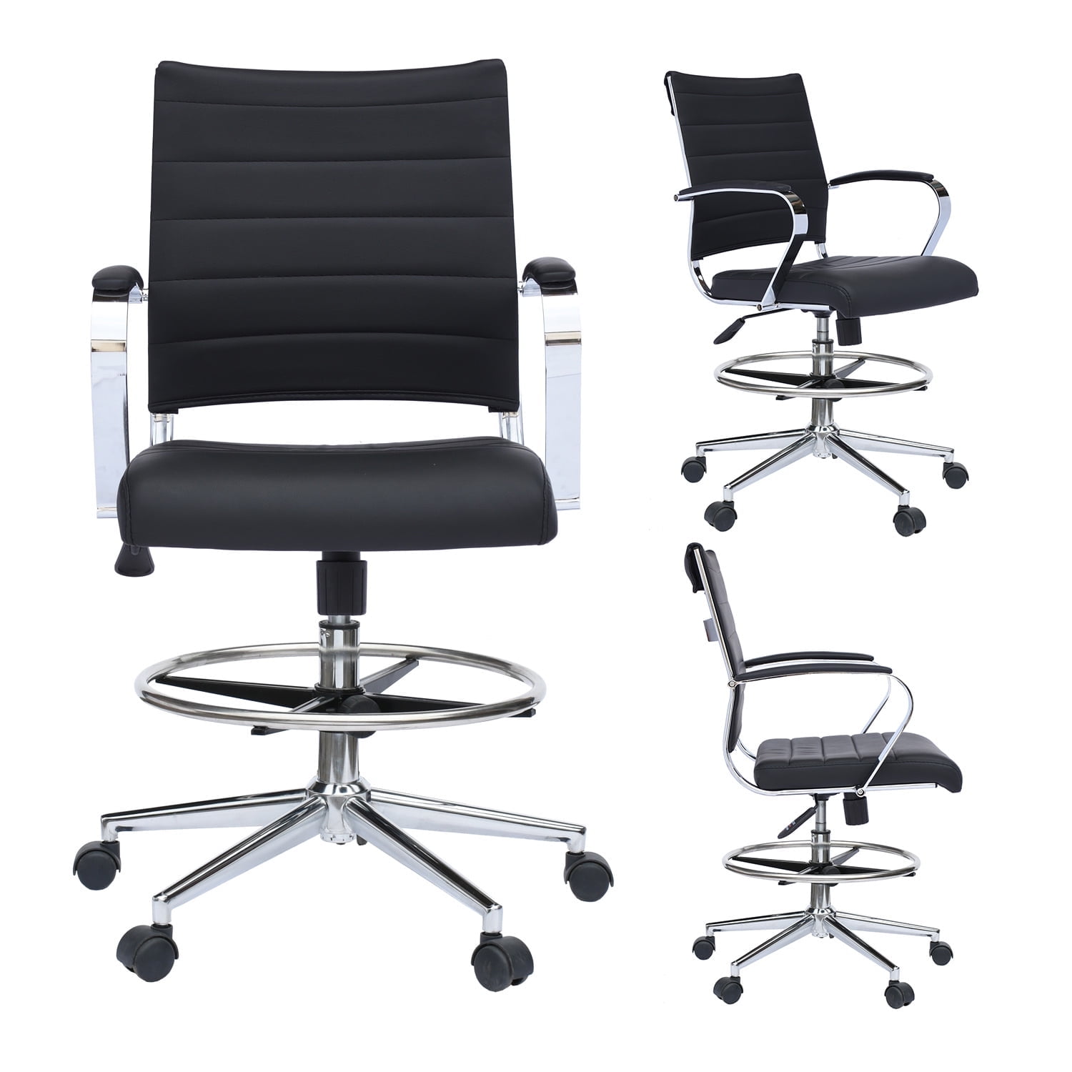 Homelala Black Office Drafting Chair Ribbed Padded Open Mid Back With ...