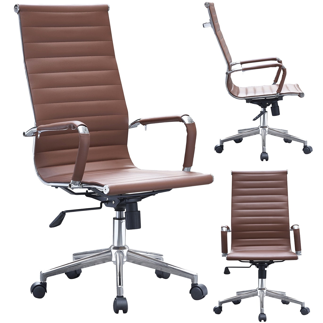 Homelala Brown Mid Century Modern High Back Tall Ribbed PU Leather Swivel Tilt Adjustable Chair Designer Boss Executive Manager Office Conference