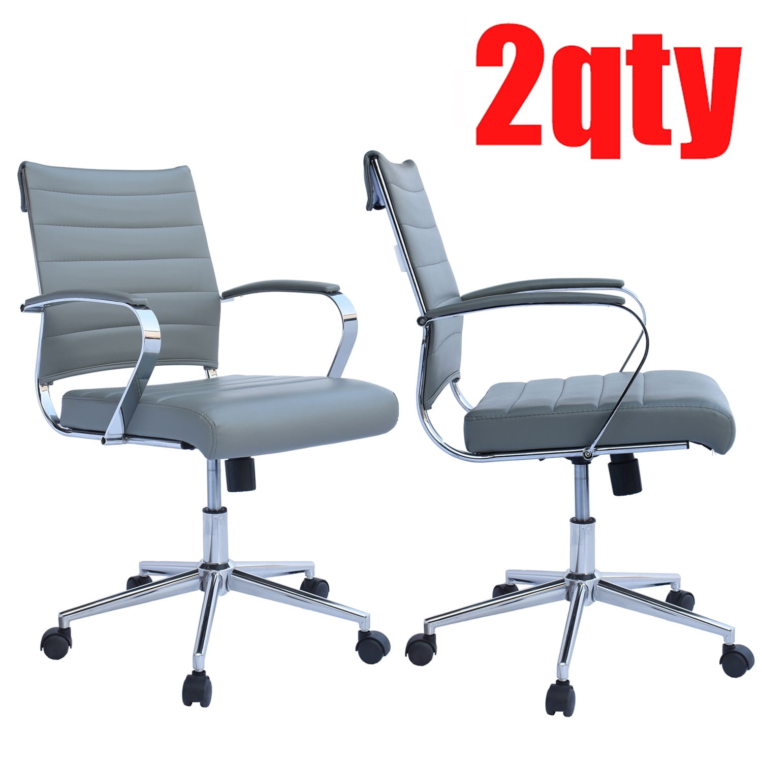 2xhome Set of Two - Gray - Modern Mid Back Ribbed PU Leather Swivel ...