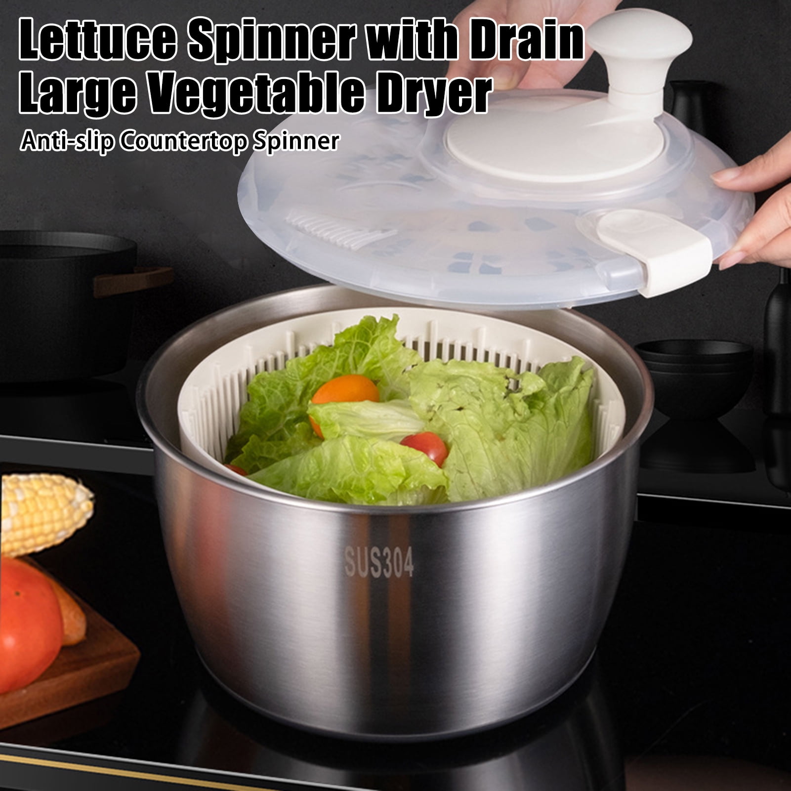 Homelife Stainless Steel Salad Spinner with Drain Basket Anti-Slip Base Stop Button Large 5.3 ...
