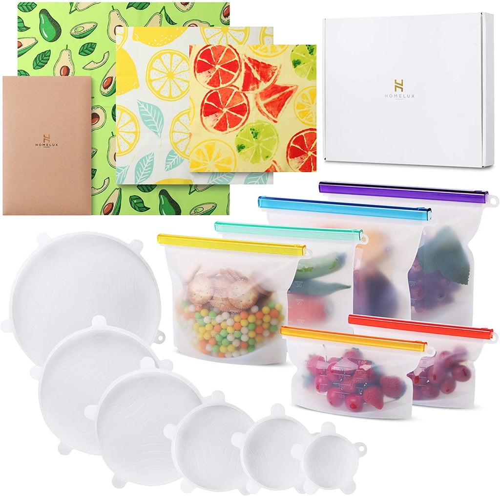 Homelux Theory Reusable Freezer Bags Kit, Silicone Lids & Food Wraps ...